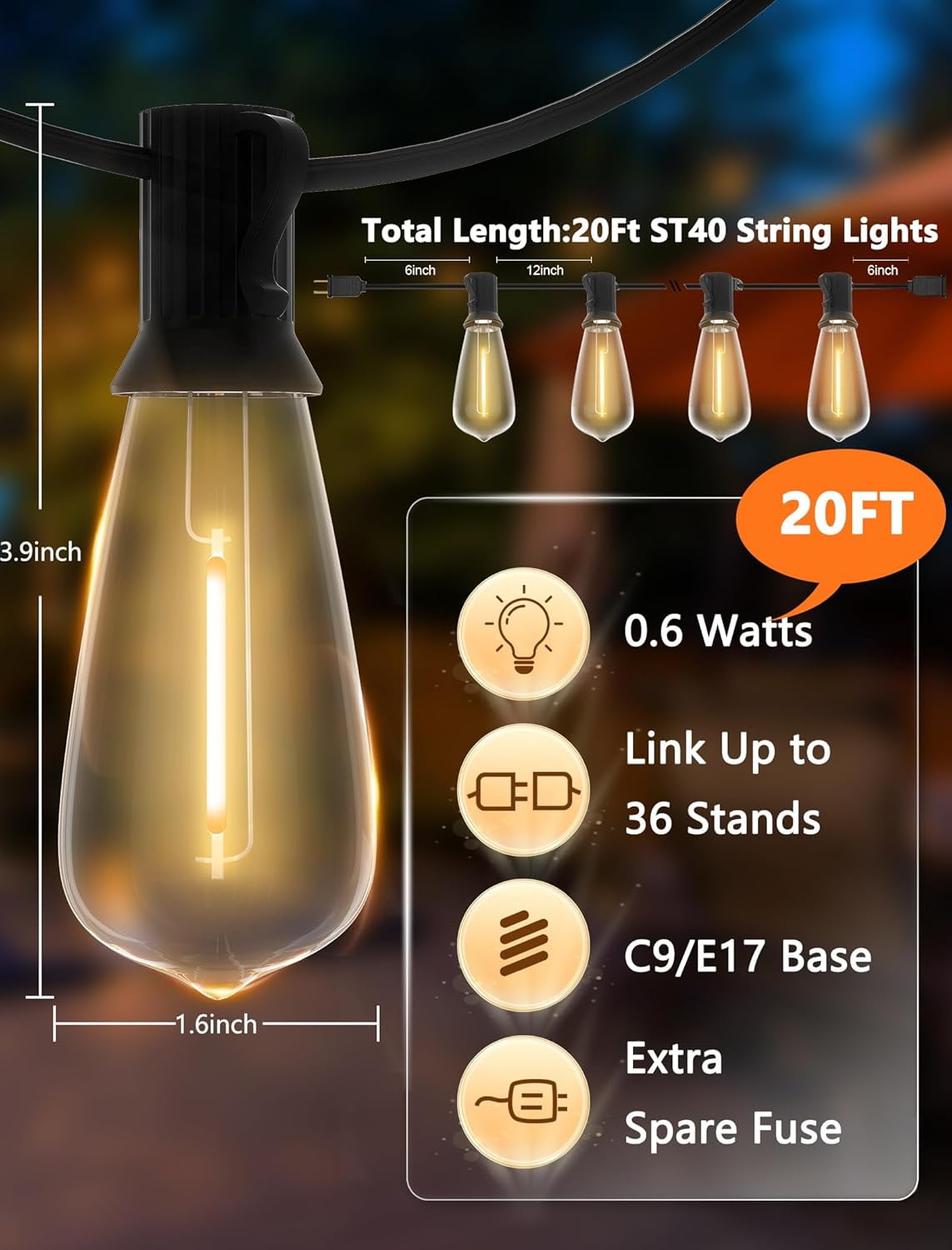 THESG-LED Patio String Lights 20Ft with 22 ST40 LED Edison Bulbs ...