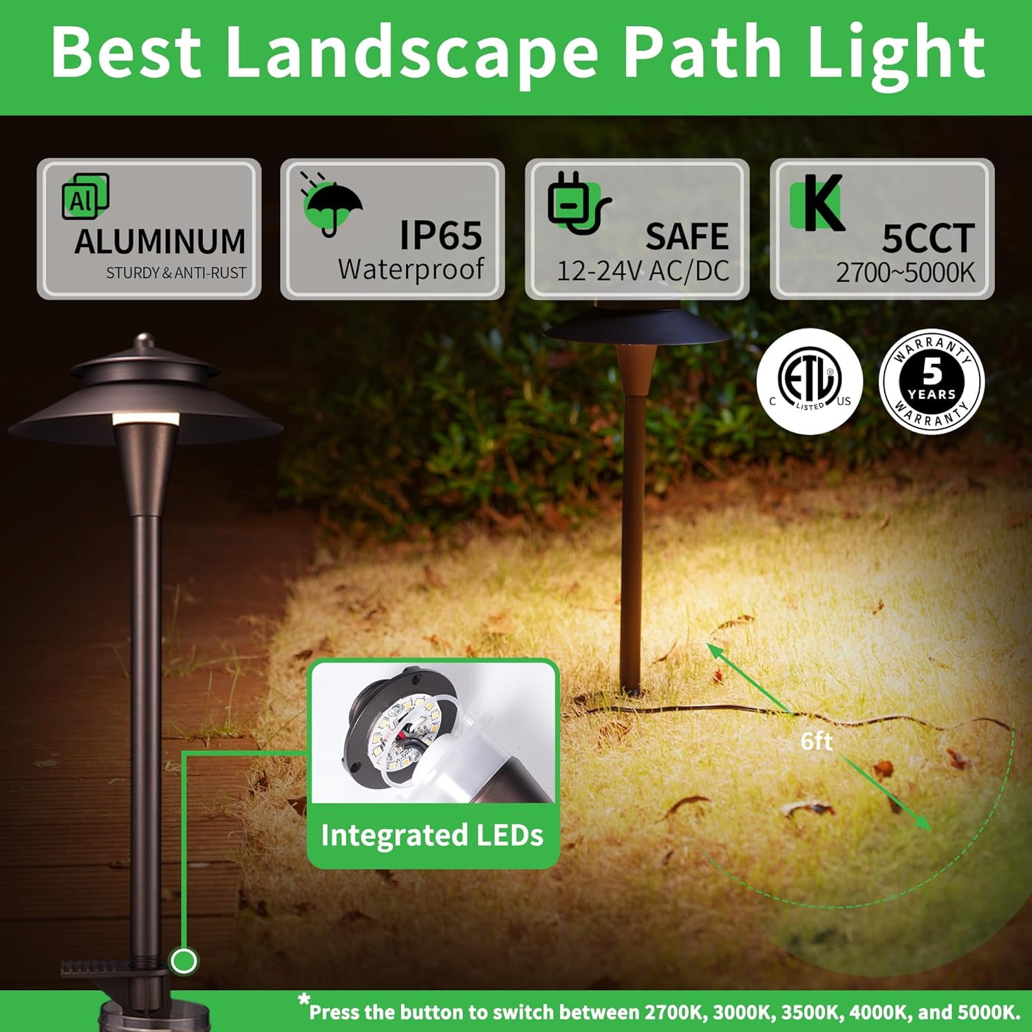 THESG-Low Voltage Pathway Lights - 2700K/3000K/3500K/4000K/5000K Selectable Landscape Sidewalk ...