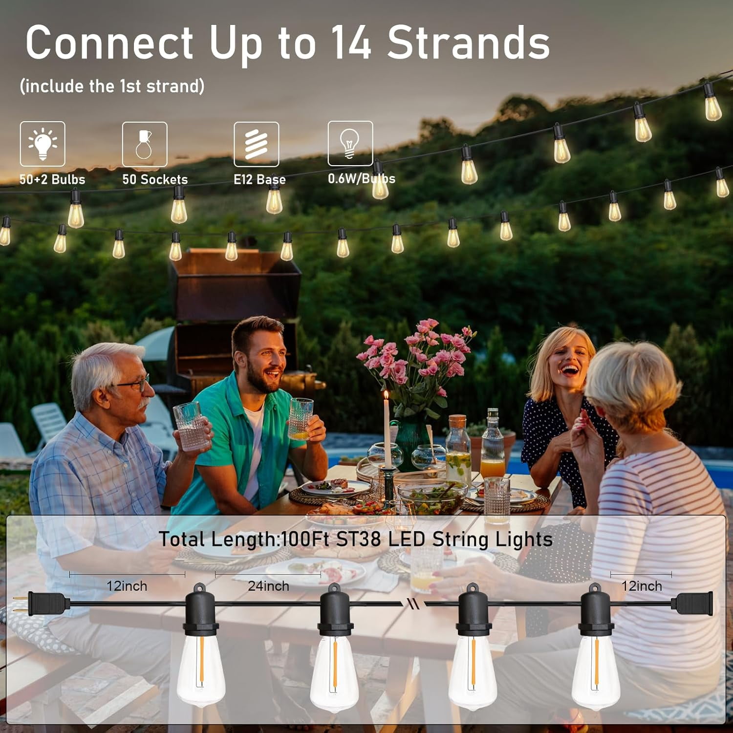 THESG-Outdoor String Lights 100Ft ST38 LED Patio Lights Outdoor ...