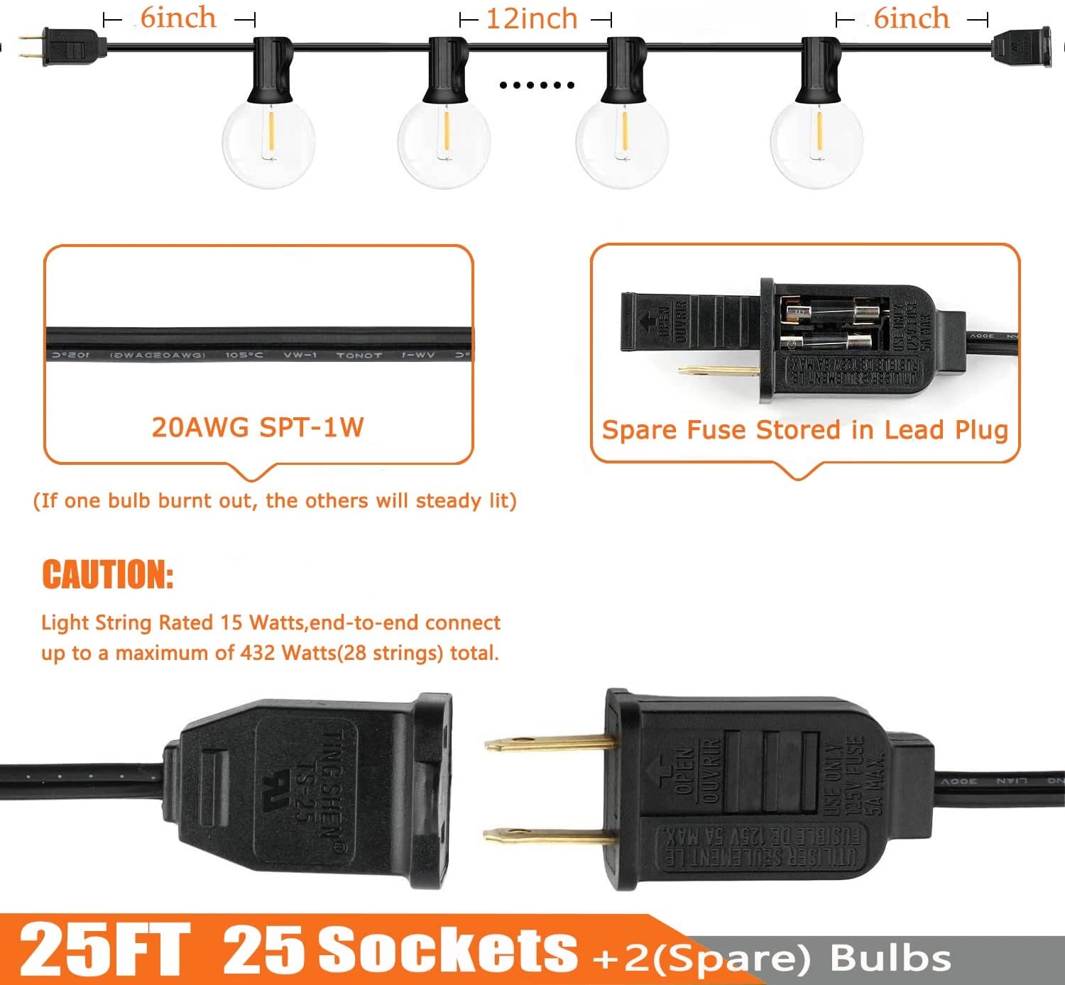 THESG-Outdoor String Lights, 25Ft G40 Globe LED Patio Lights with 27 Edison Plastic Bulbs(2 ...