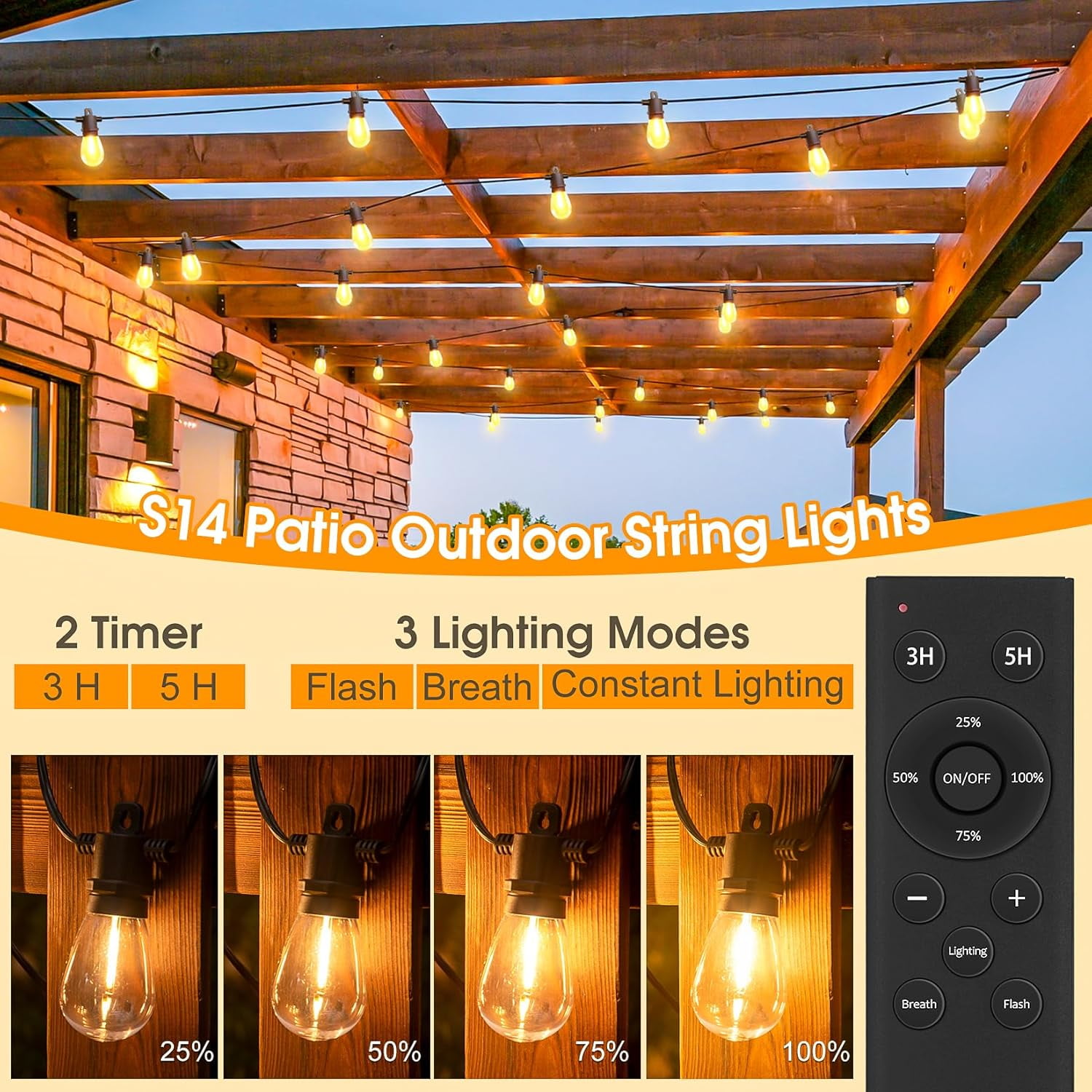 THESG-Outdoor String Lights with Remote - Dimmable 50FT IP65 Waterproof ...