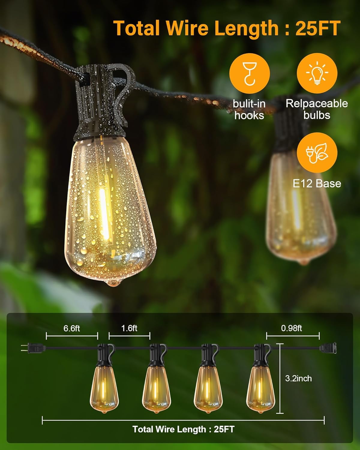 THESG-Outdoor String Lights Waterproof, 25 Feet Patio Lights with 13 ...