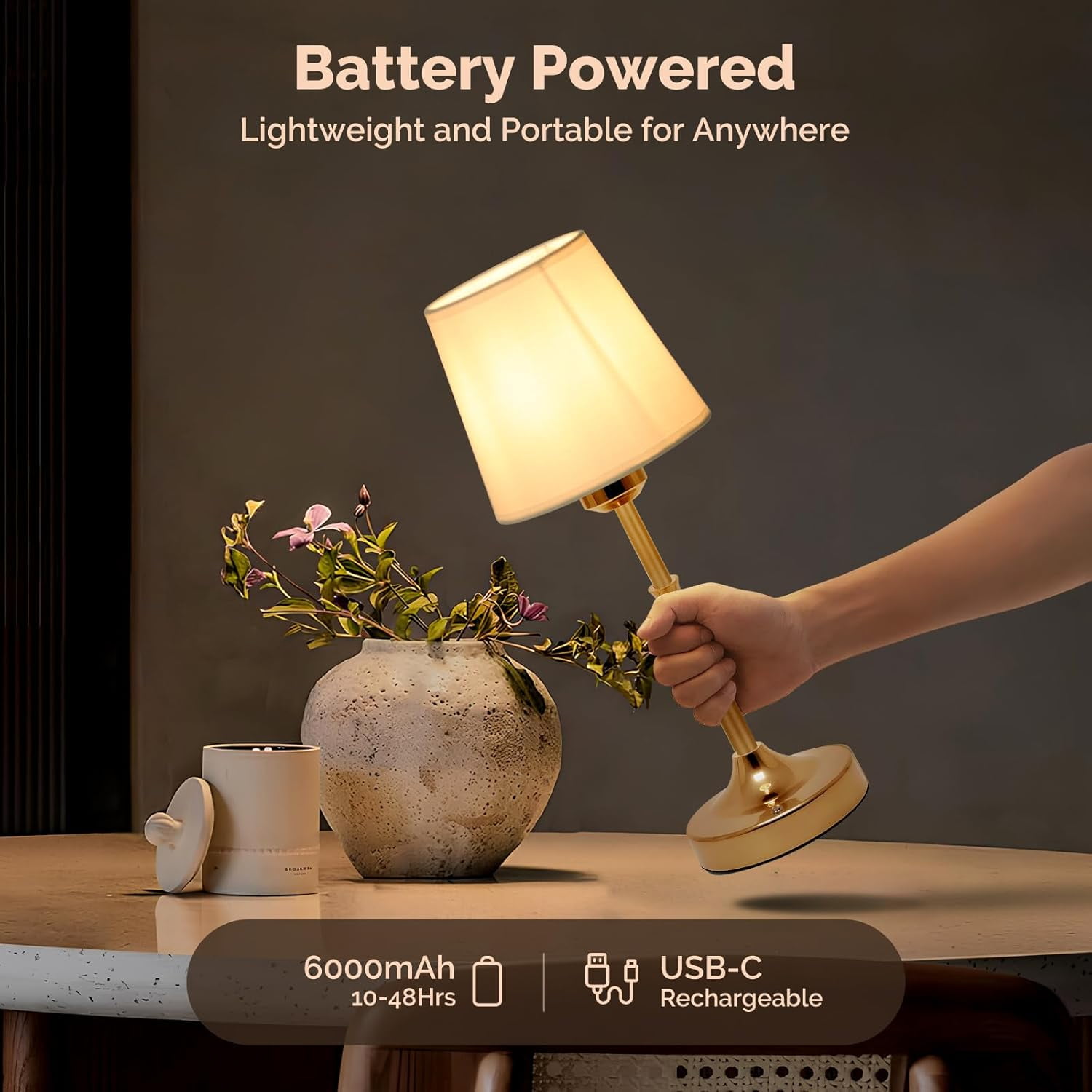 THESG-Portable Cordless Table Lamp, Fabric Shade with 6000mAh ...