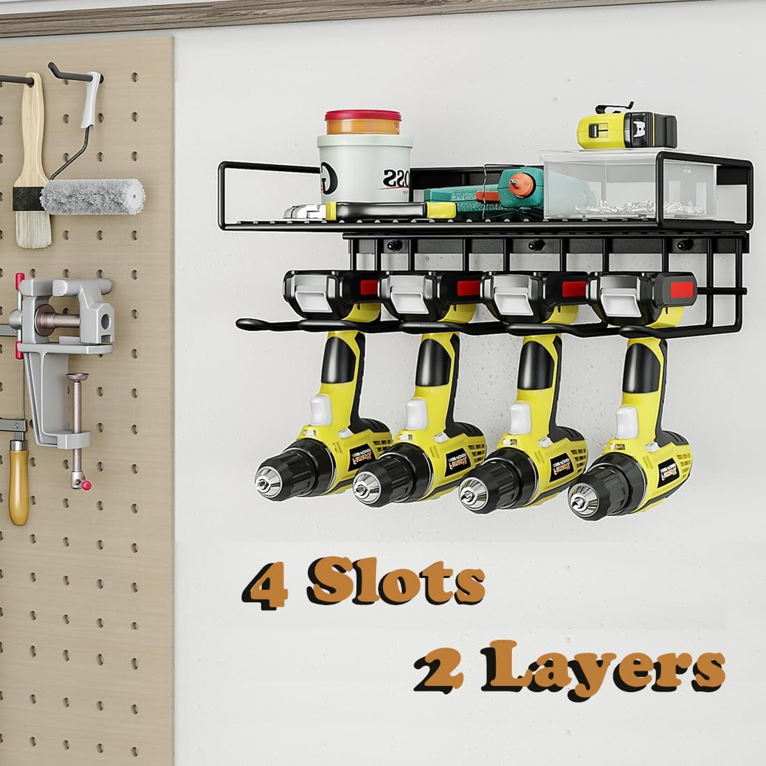 THESG-Power Tool Organizer Wall Mount 2 Layers with 4 Drill Holders for Drills Cordless Tools ...
