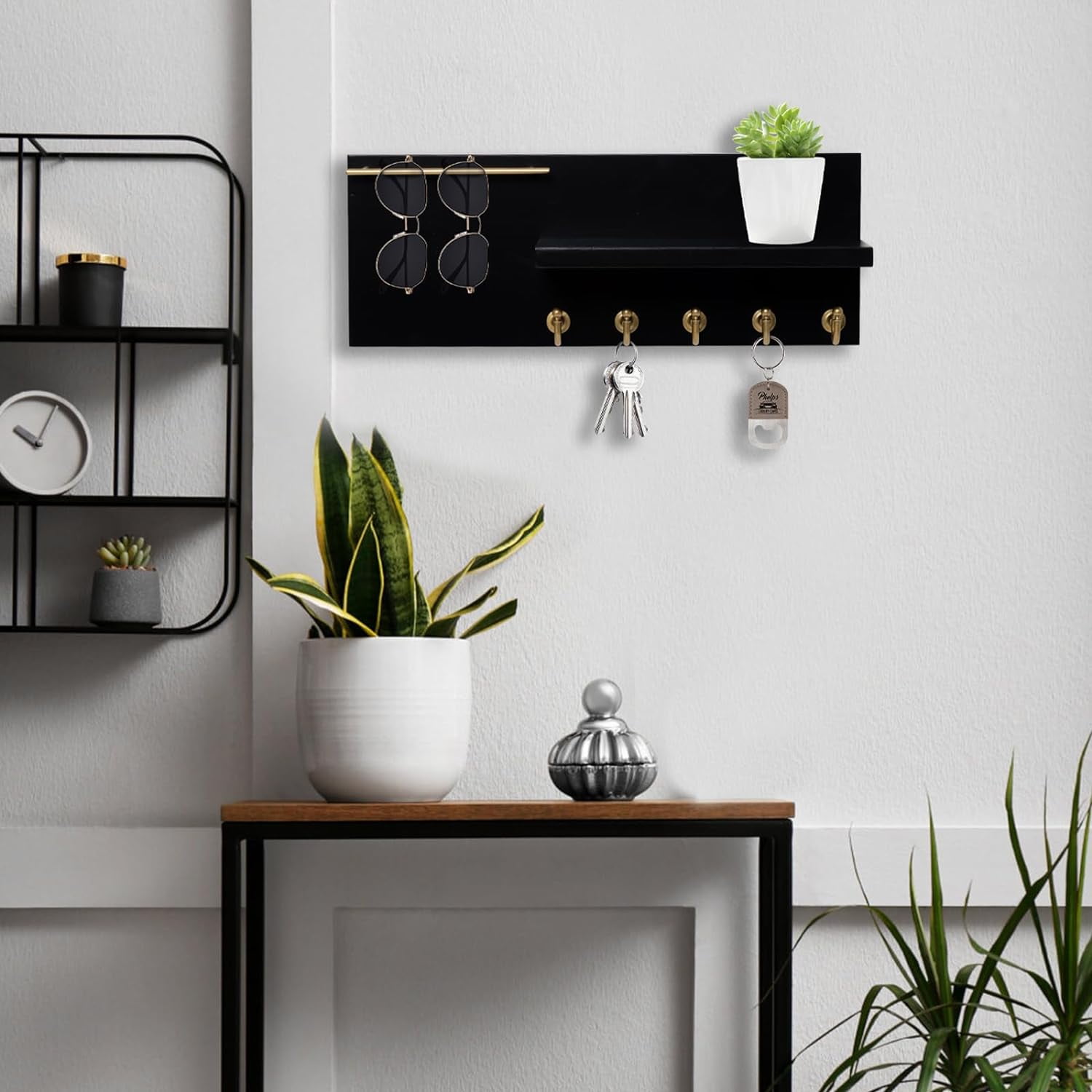 THESG-Real Wood Key Holder Rack Wall Mount 16 x 6 inches Black Entryway ...