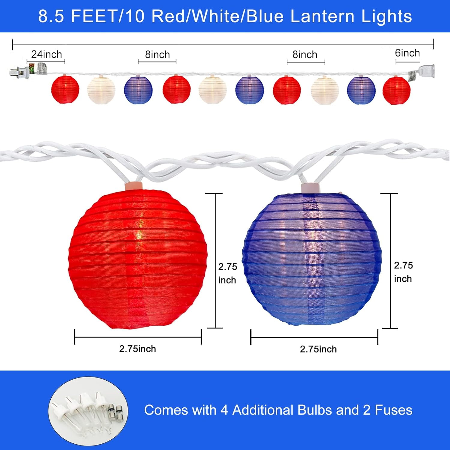 THESG-Red White Blue Lantern String Lights 8.5Ft, Multicolor Lantern ...