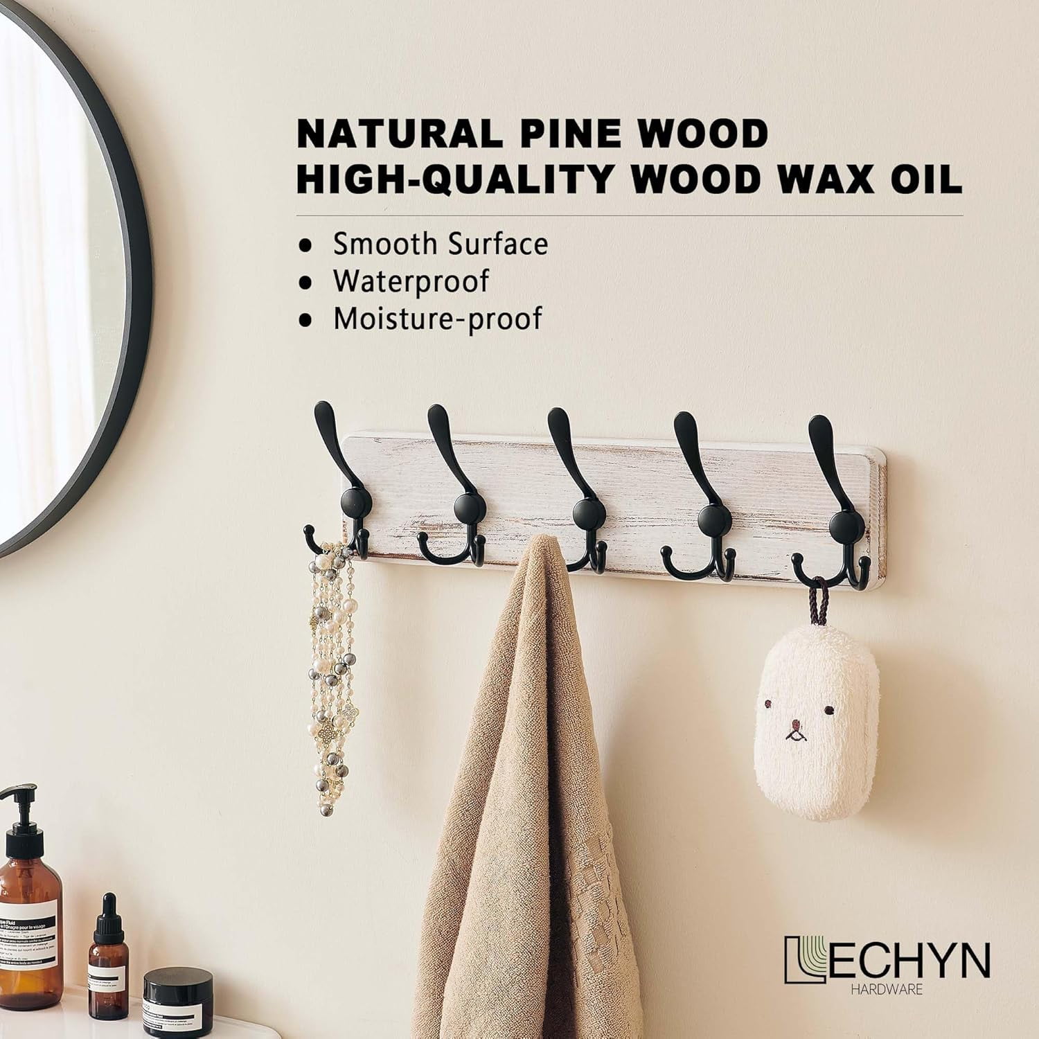 THESG-Rustic Wooden Coat Rack Wall Mount with 5 Hooks, Farmhouse Wood ...