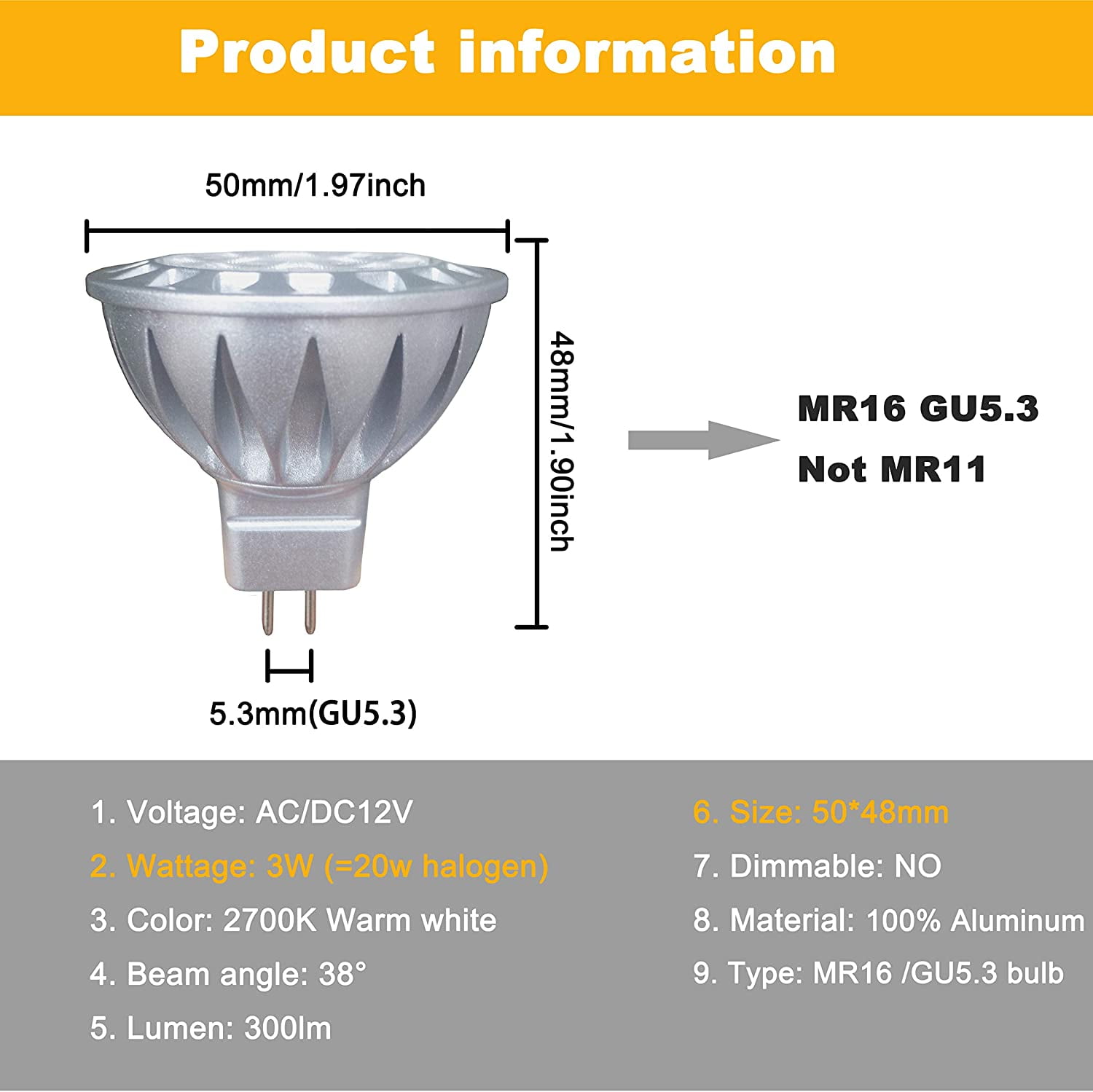 THESG-Short MR16 GU5.3 LED Bulbs 3W Height 1.9inch,Replace MR16 20W 30W ...