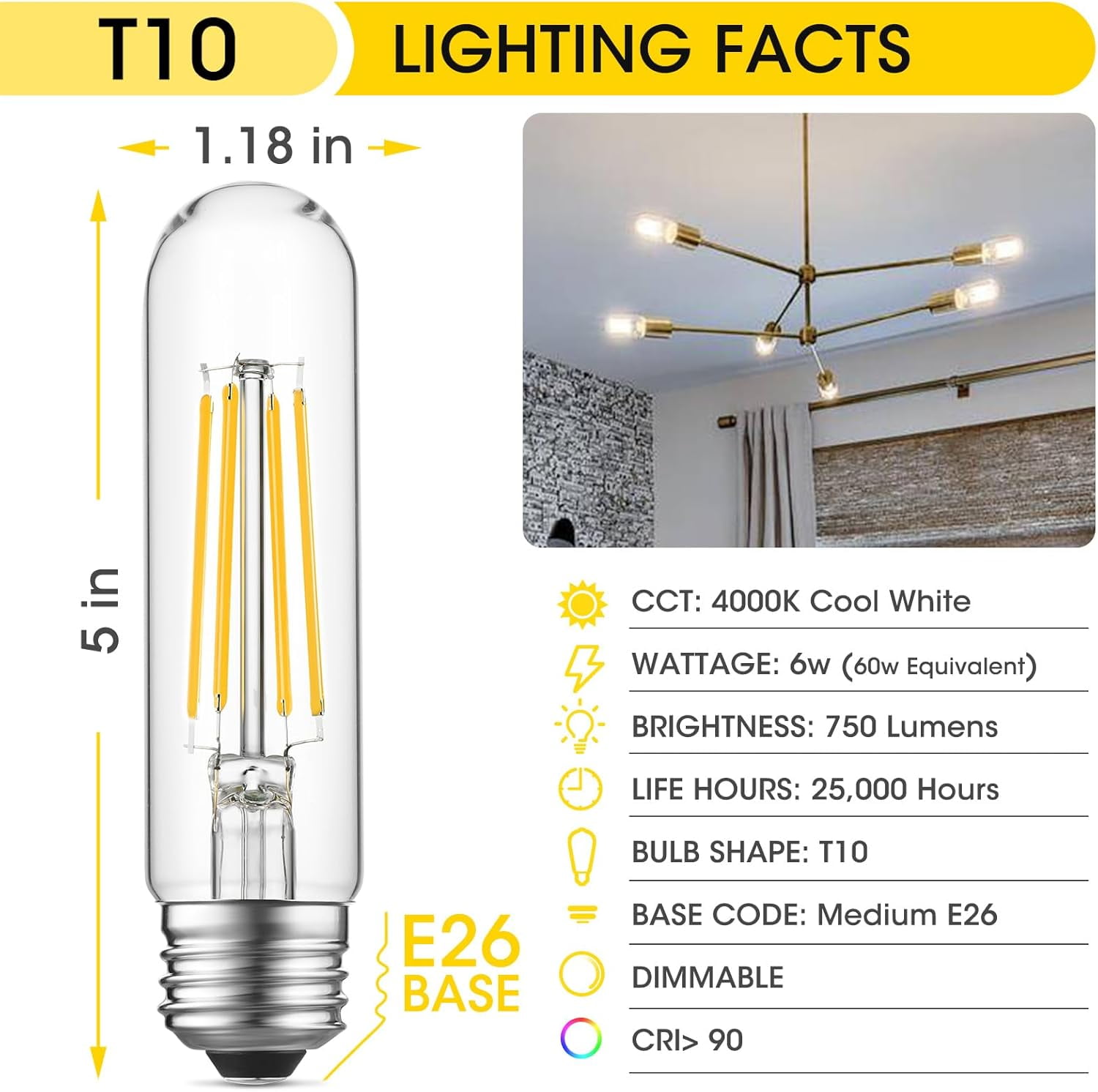 THESG-Tubular Light Bulbs, T10 LED Edison Bulbs Cool White 4000K, E26 ...