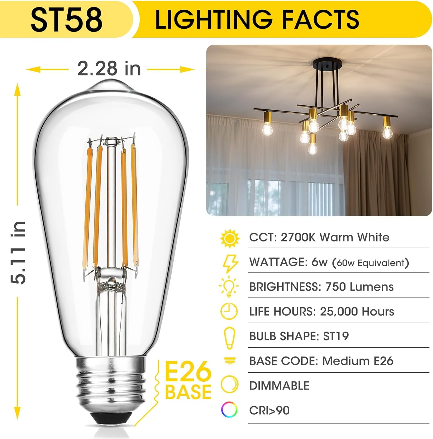 THESG-Vintage LED Edison Bulbs 6W, Equivalent 60W Incandescent, Warm ...