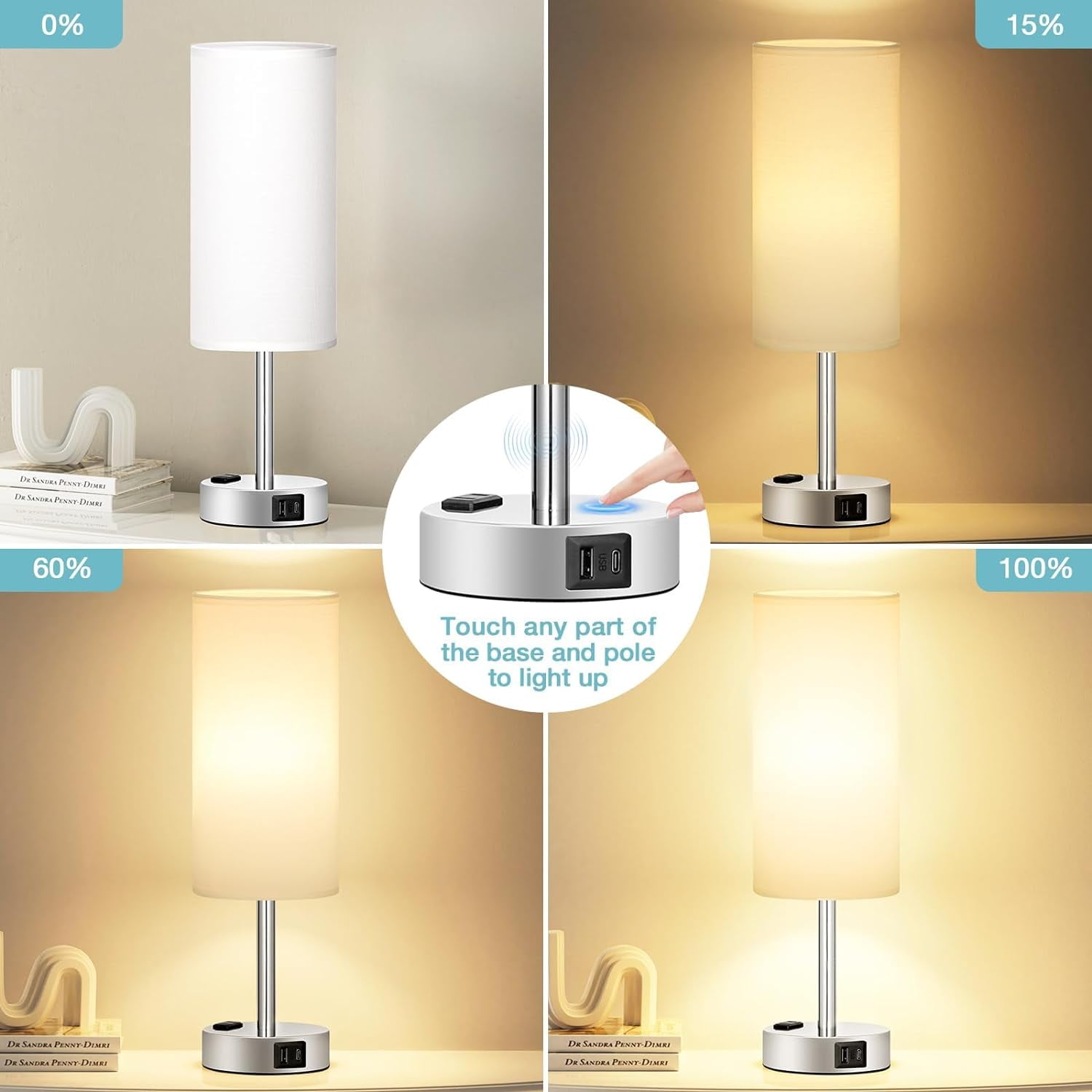 THESG-White Touch Bedroom Table Lamp - 3 Way Dimmable Bedside Lamp USB ...