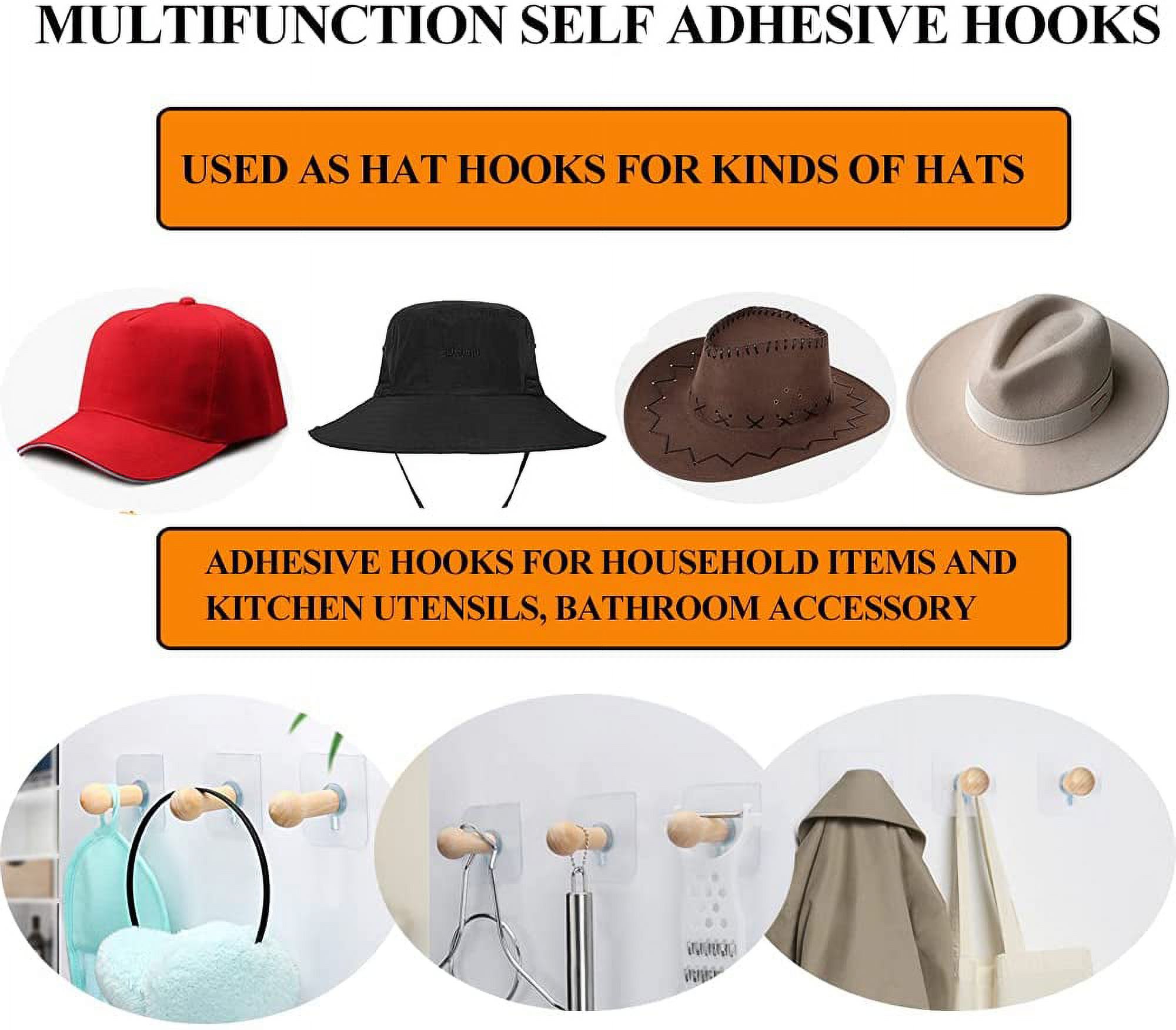 THESG-Wooden Adhesive Hat Hooks for Wall 8lbs Sticky Hat Hanger Wall ...