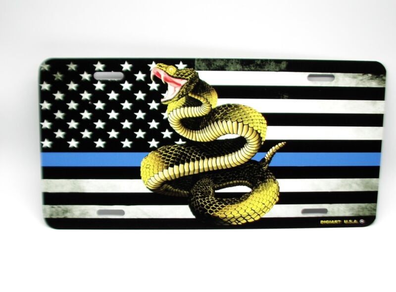 THIN BLUE LINE AMERICAN TACTICAL FLAG GADSDEN SNAKE METAL CAR LICENSE ...