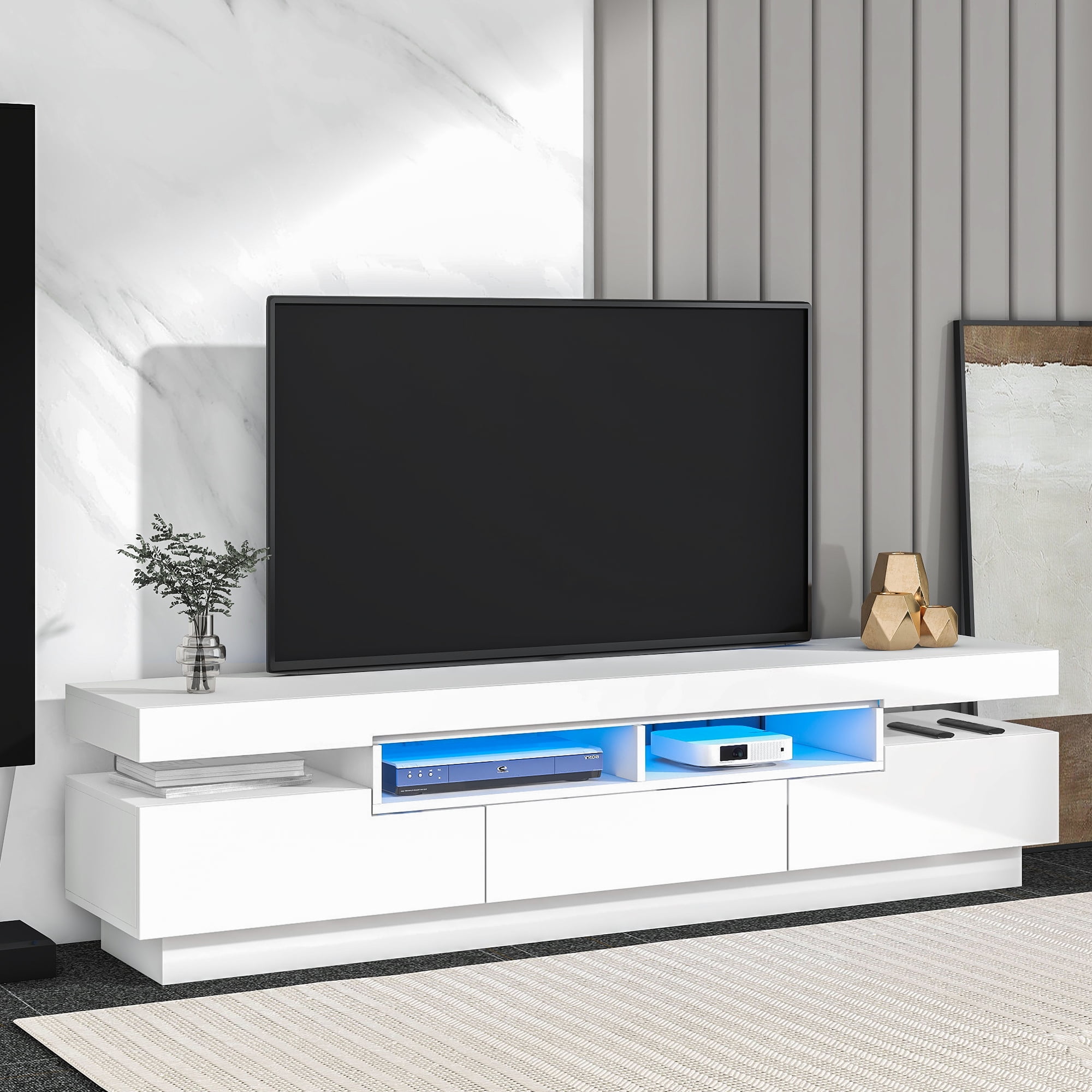THINK 30,67" White LED TV Stand with 4 Open Shelves for TVs up to 75 ...