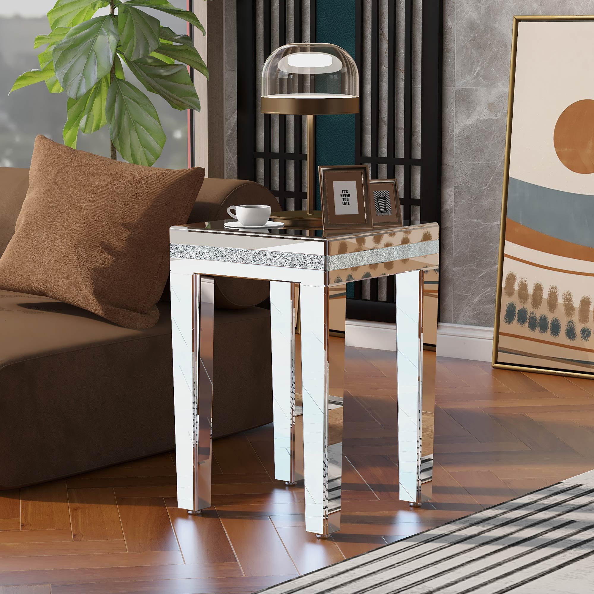 THINK 30 Mirrored Accent Table, Crystal End Table, Silver Nightstand ...