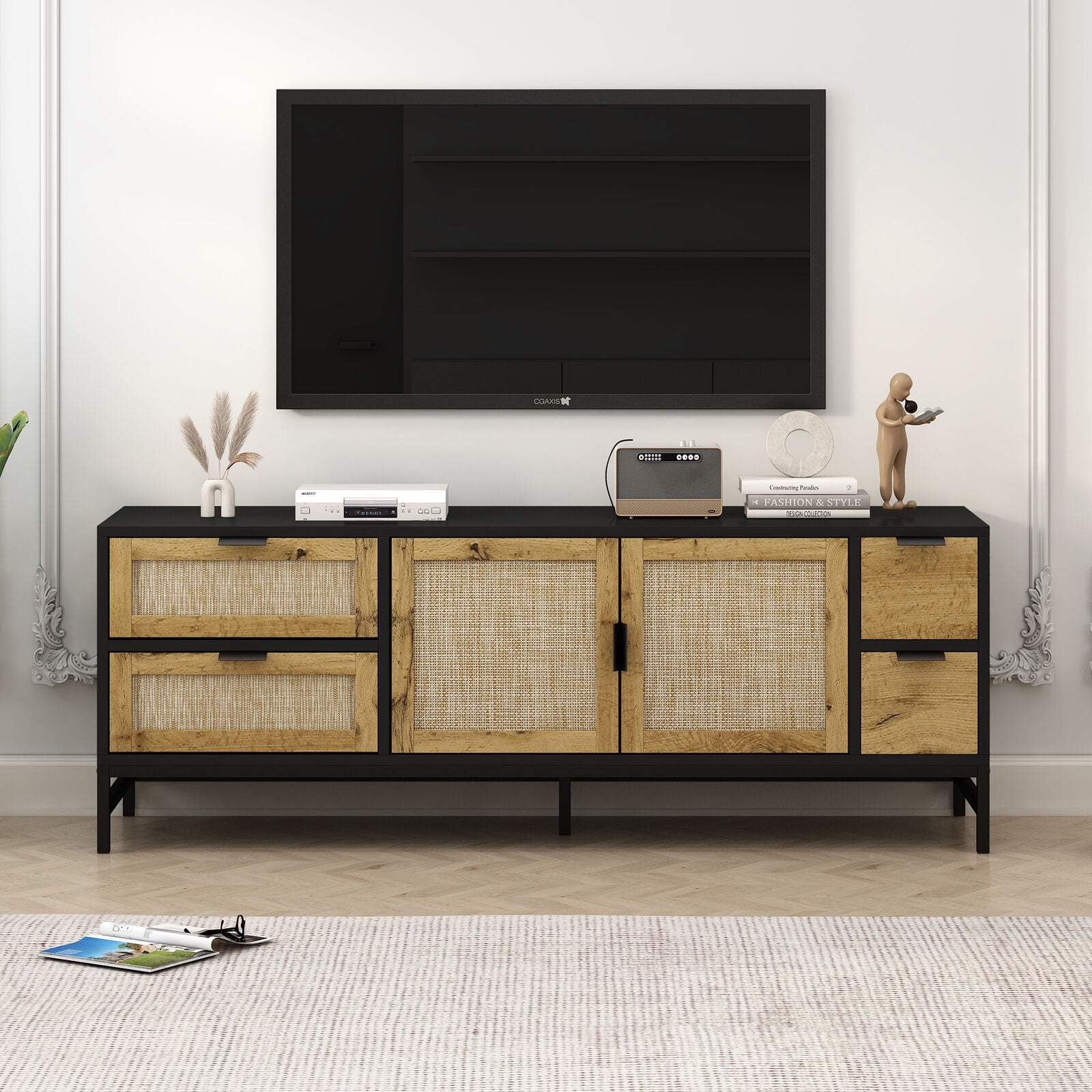 THINK 30 Rattan TV Stand for TVs up to 65", Adjustable Shelves, Storage ...