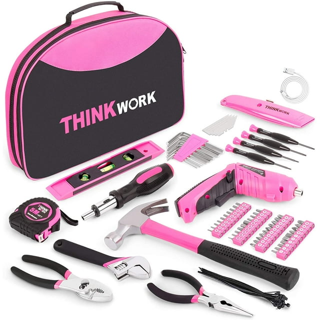 THINKWORK 122-Piece Pink Tool Kit with 3.6V Rotatable Electric ...
