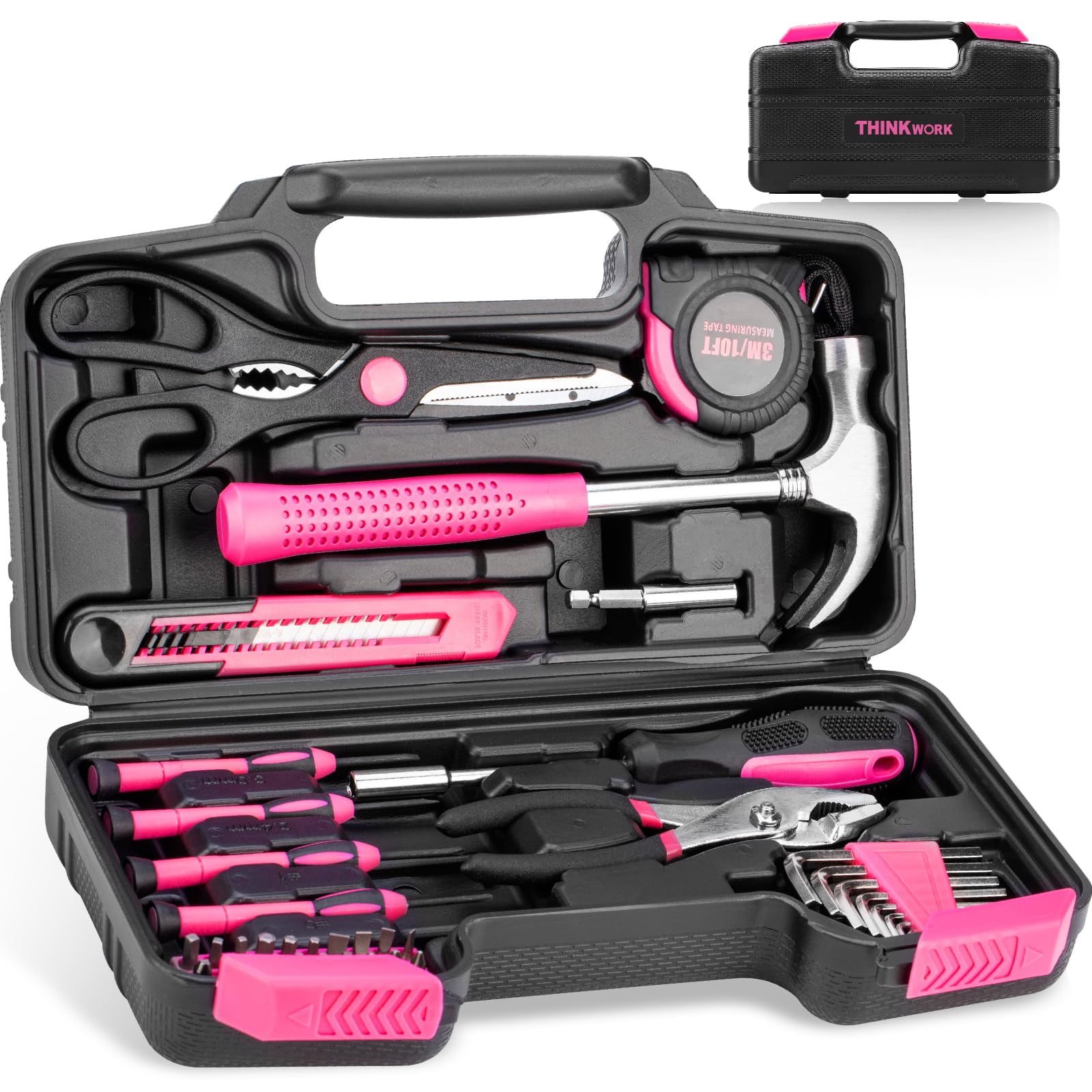 THINKWORK Pink Tool Set - 40 Piece General Household Hand Tool Kit with ...
