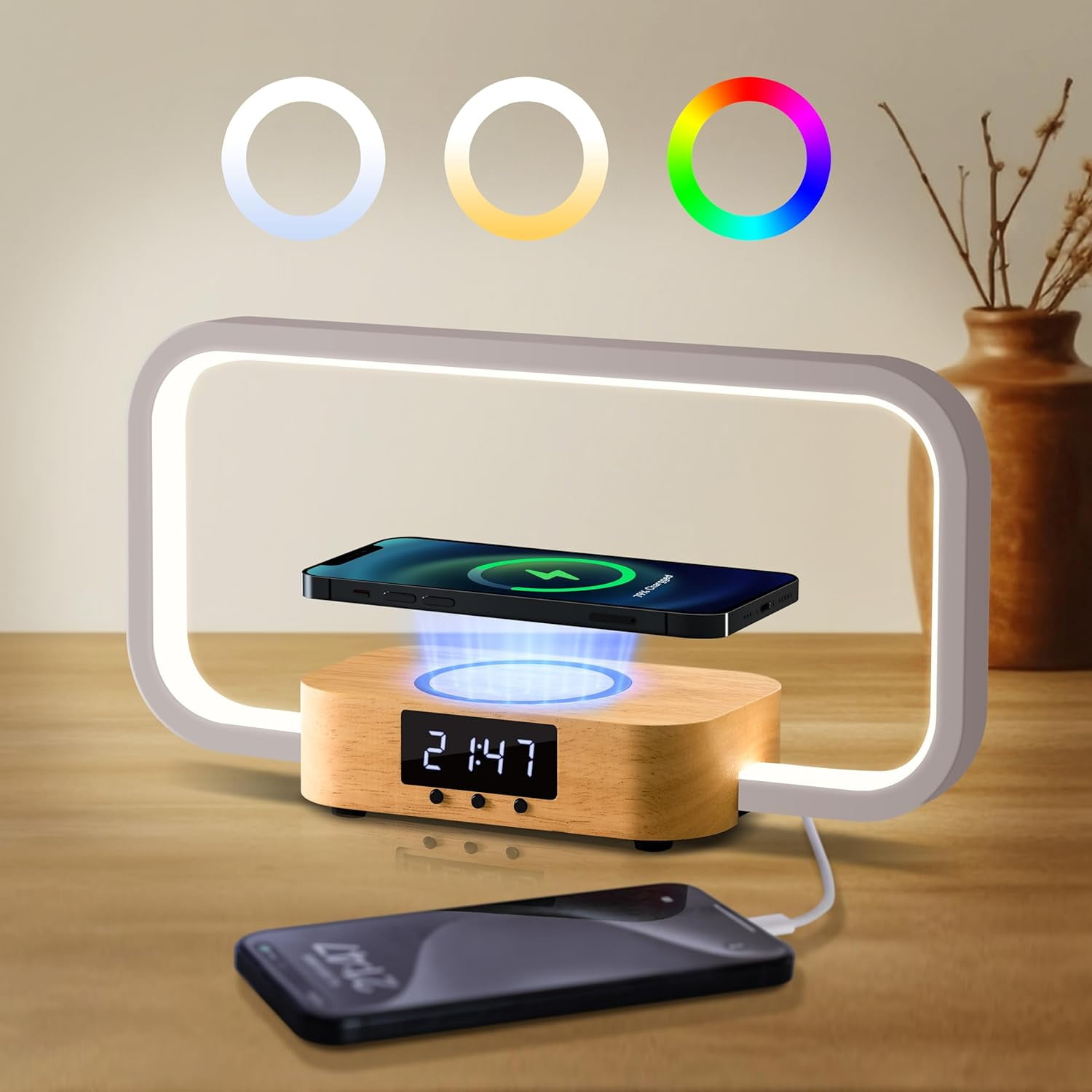 THINKYOU Table Lamp - Wireless Charging, USB Port, Clock, 5 Color Modes ...