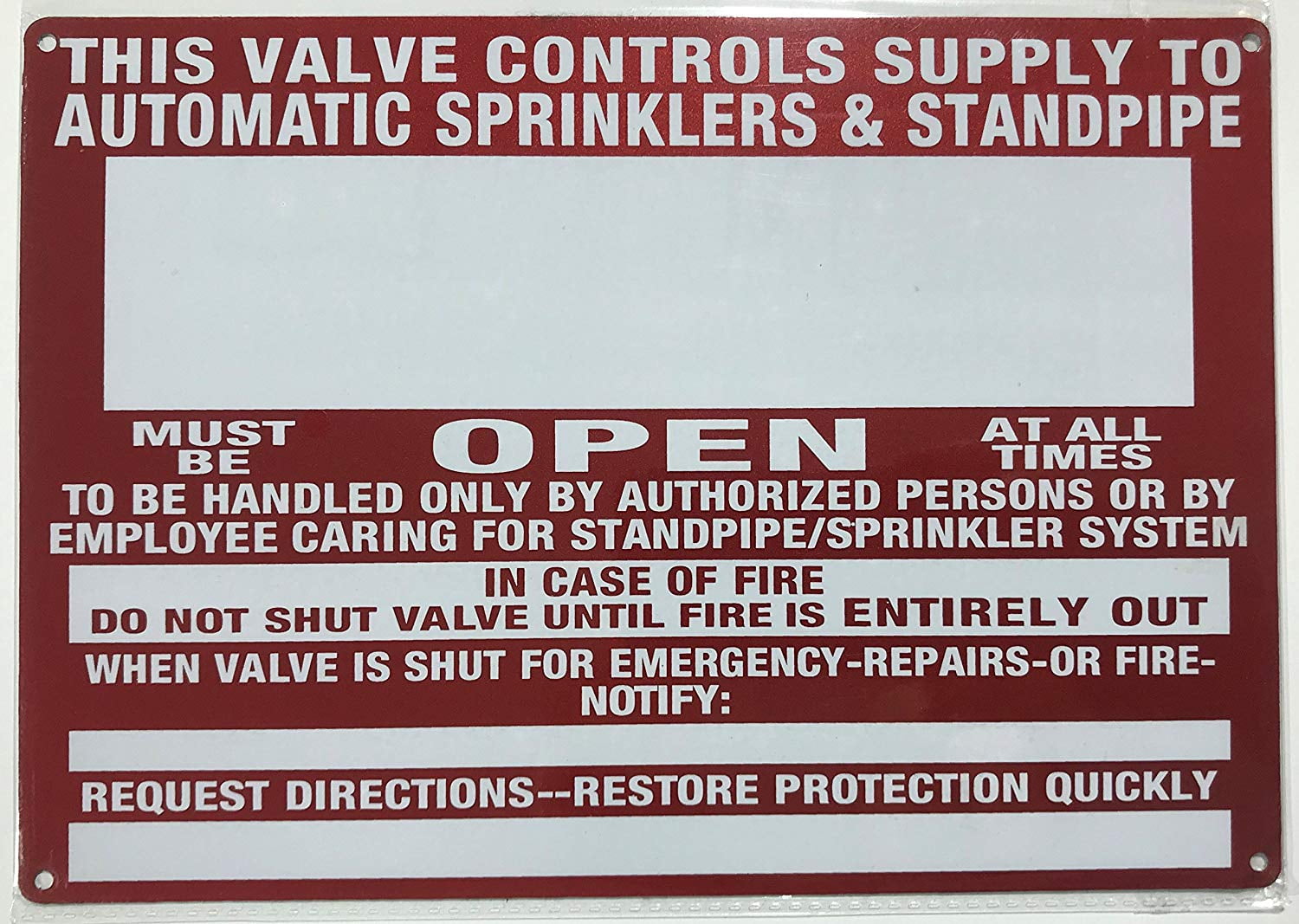 THIS VALVE CONTROL SUPPLY TO AUTOMATIC SPRINKLER AND STANDPIPE SIGN ...