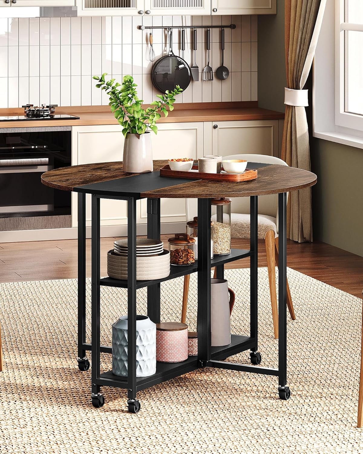 THIZEN Folding Dining Table, Kitchen Table with 6 Wheels, Folding Round ...