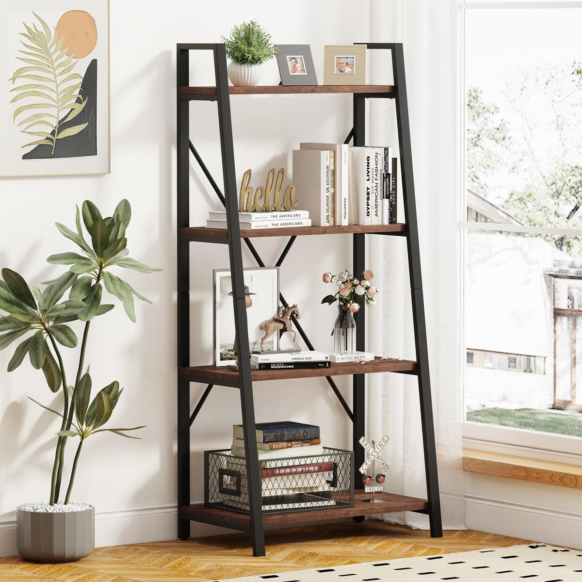 THIZEN Industrial Ladder Shelf Bookcase, 4 Tier Rustic Ladder Bookshelf ...