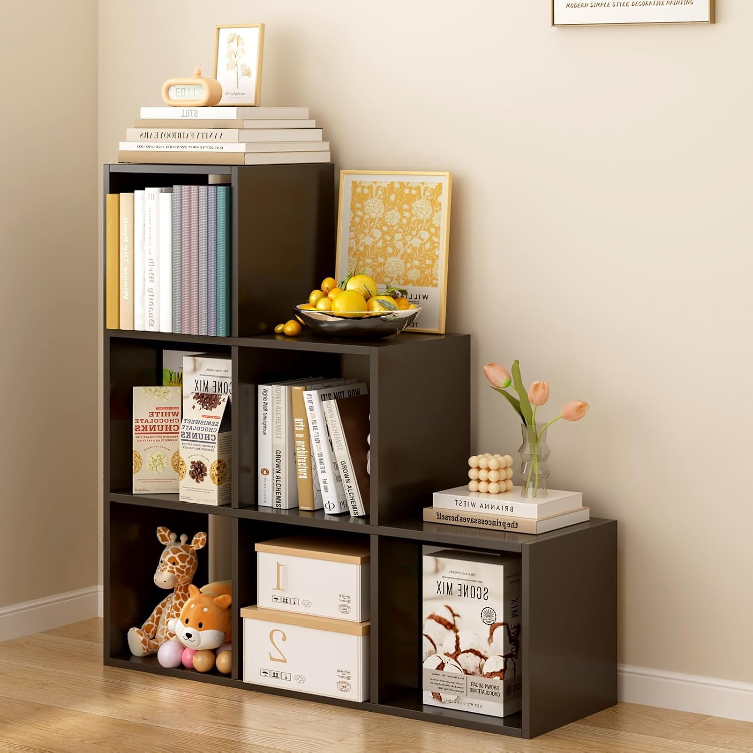 THIZEN Ladder Cube Storage Bookcase - Wooden L-Shaped 3-Tier Corner ...