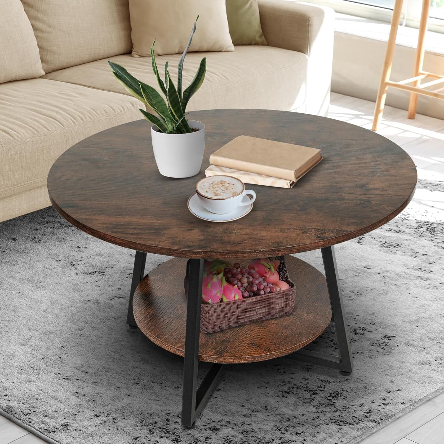 THIZEN Round Coffee Table, 2-Tier Circle Coffee Table with Storage ...