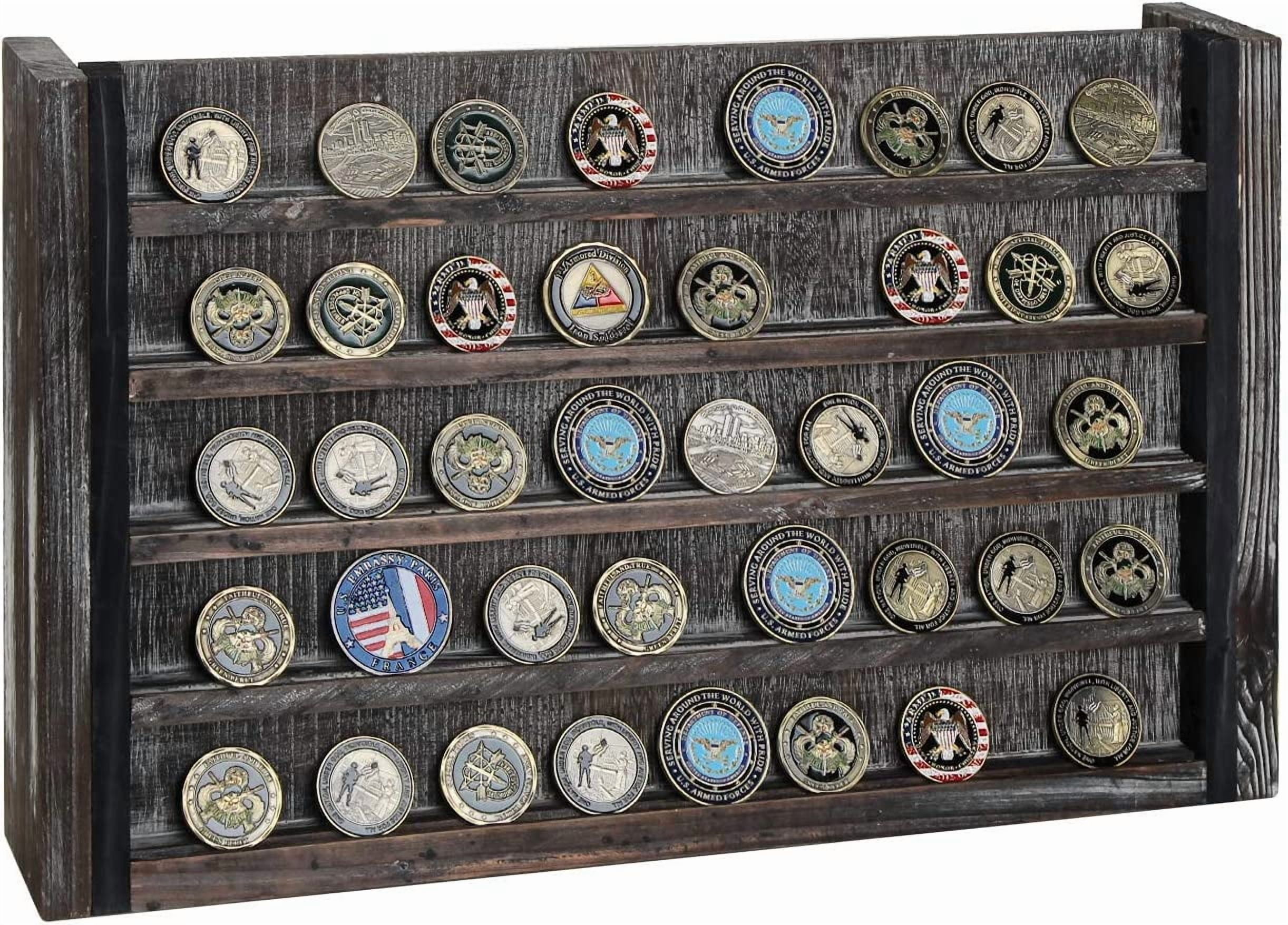THIZEN Rustic Wood Wall Mount Coins Display Rack - 5 Tier Military ...