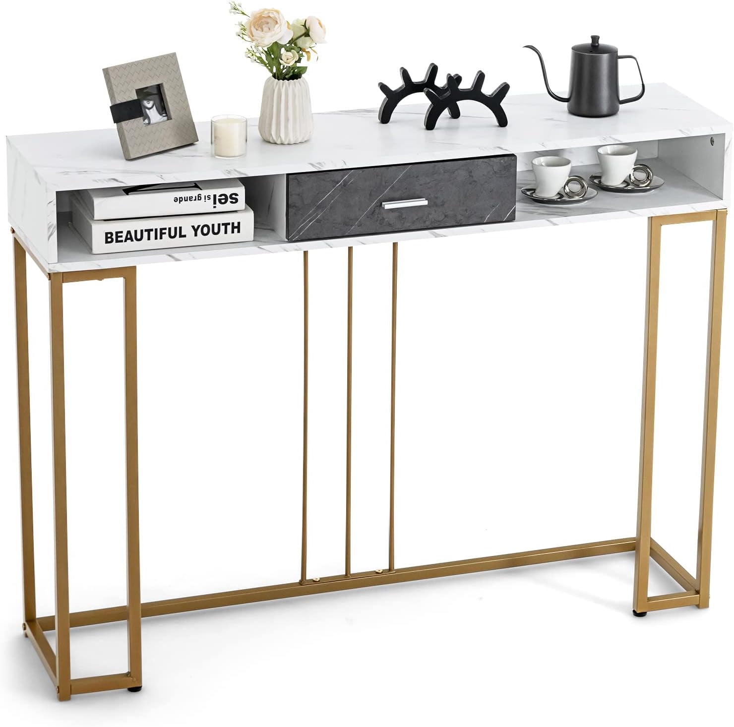THJTDH Console Table with Drawer, 48” 2-Tier Faux Marble Sofa Table ...