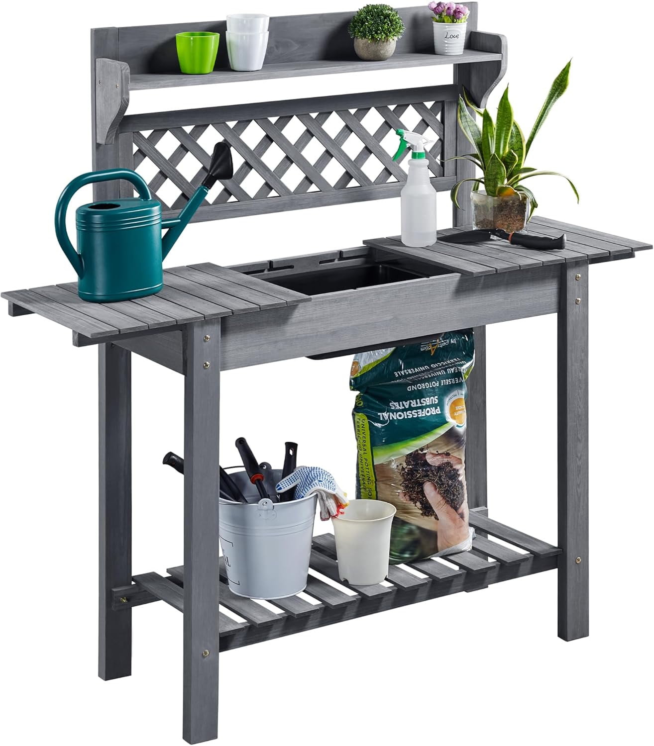 THJTDH Potting Table Wood Workstation Table w/Sliding Tabletop w ...