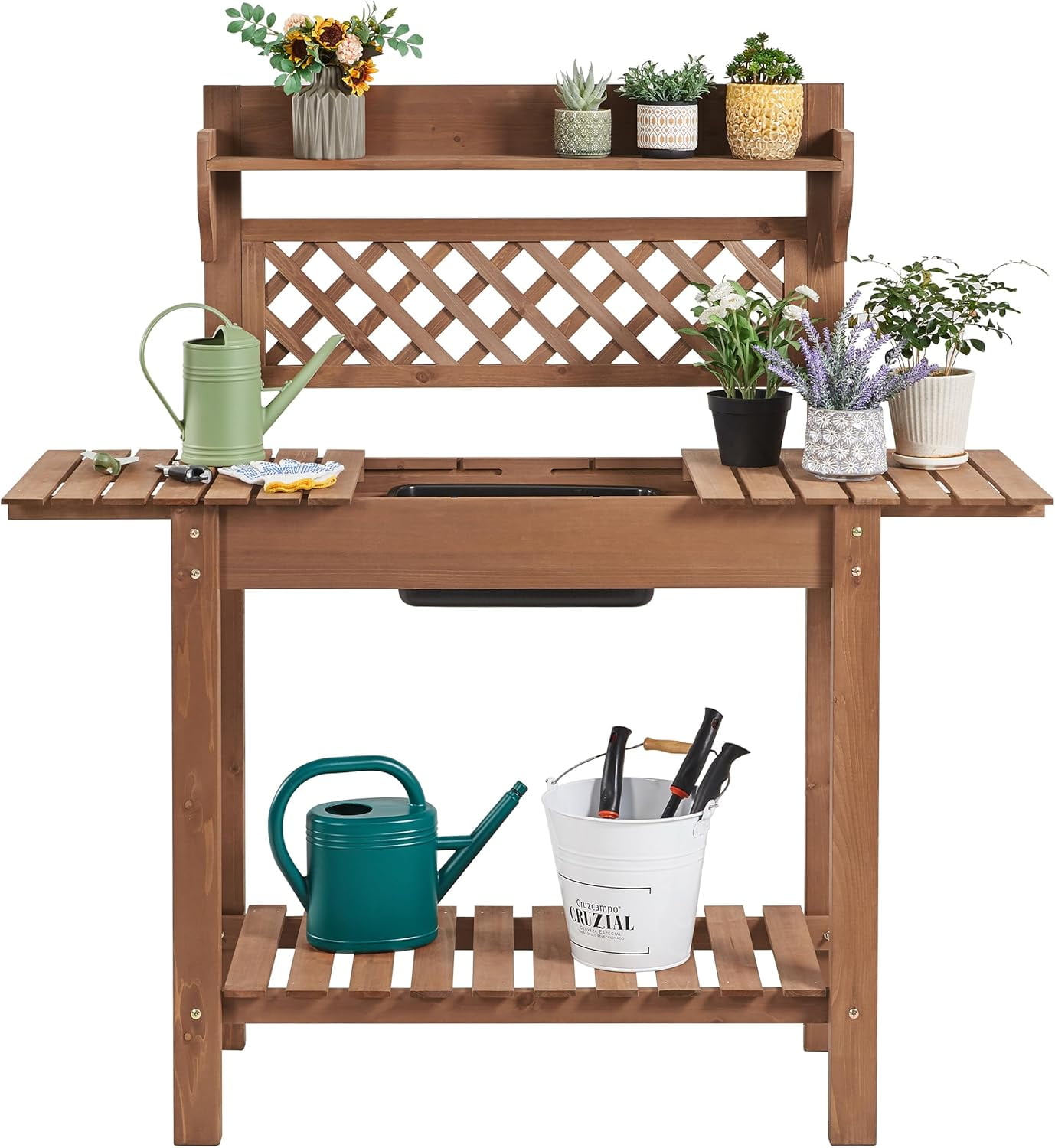 THJTDH Potting Table Wood Workstation Table w/Sliding Tabletop w ...