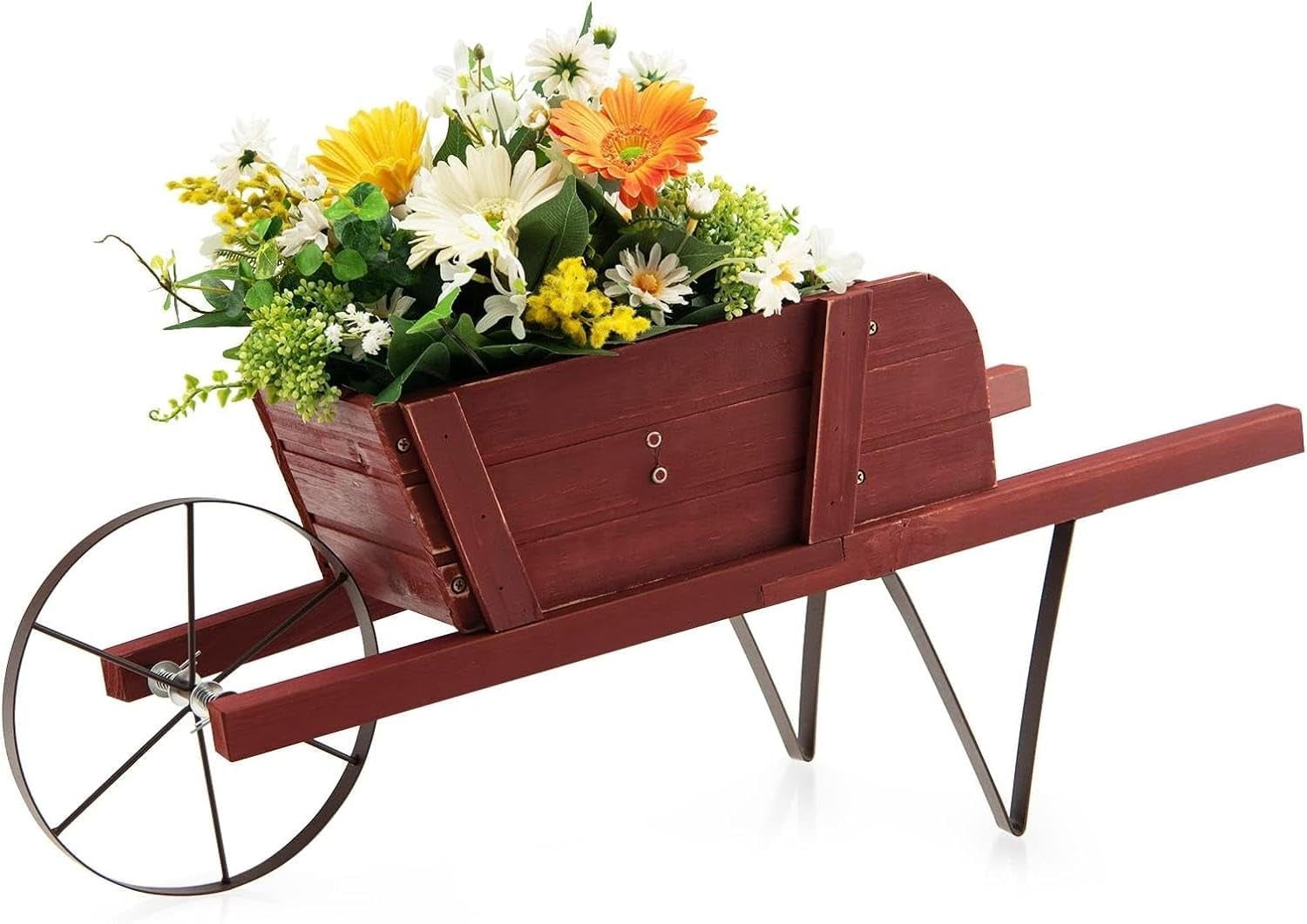 THJTDH Wooden Wagon Planter, Small Flower Plant Pot w/Triangular Metal ...