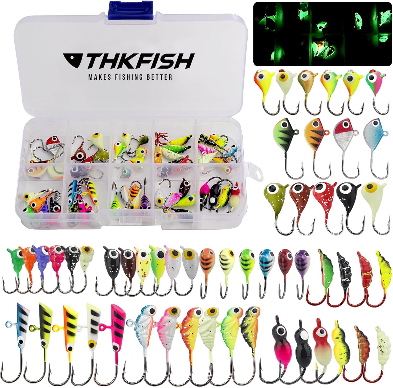 THKFISH Ice Fishing Jigs 54pcs Glow Ice Fishing Lures, Walleye Jig Ice ...