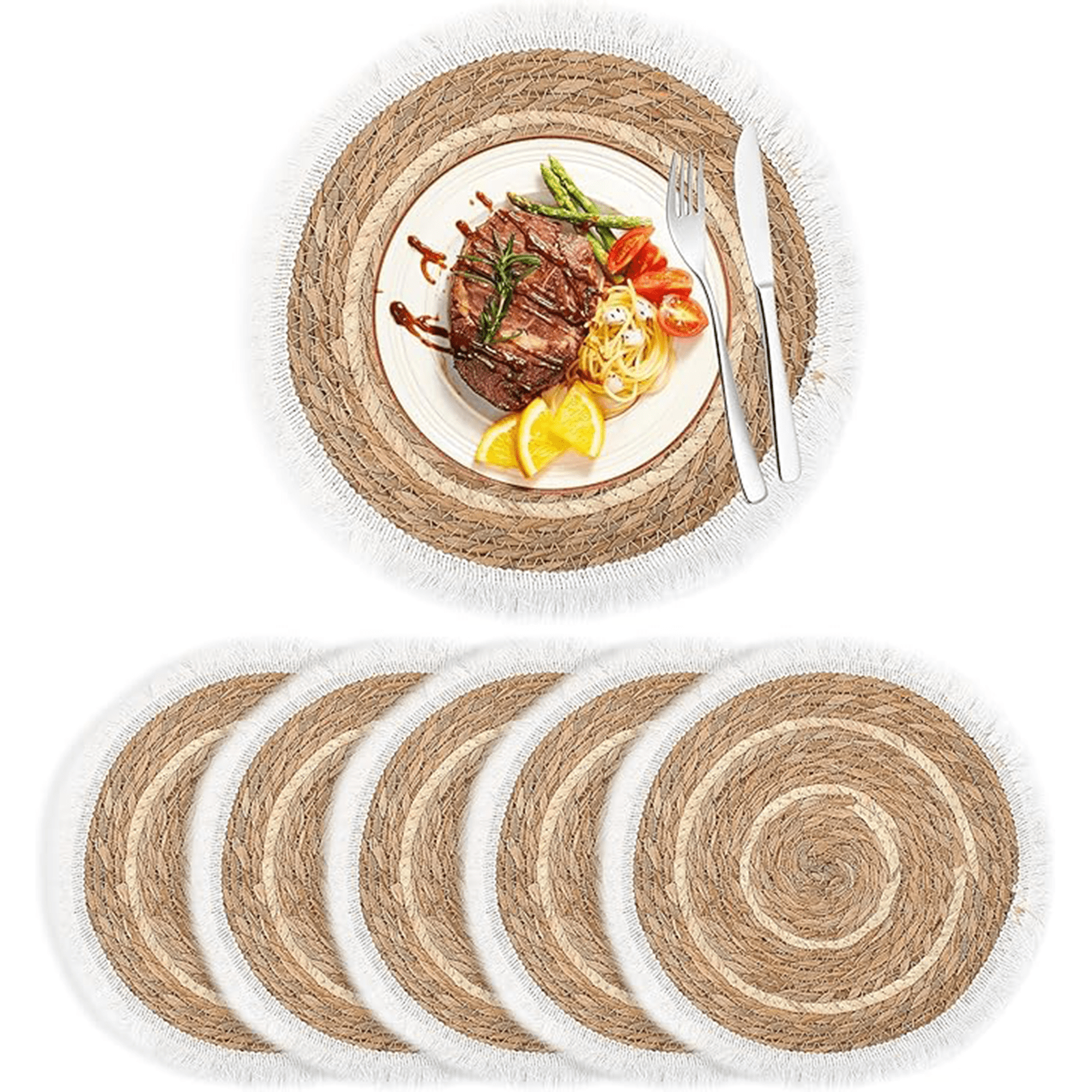 THKFWD 13" Round Woven Placemats Set of 6, Boho Farmhouse Rustic Table ...
