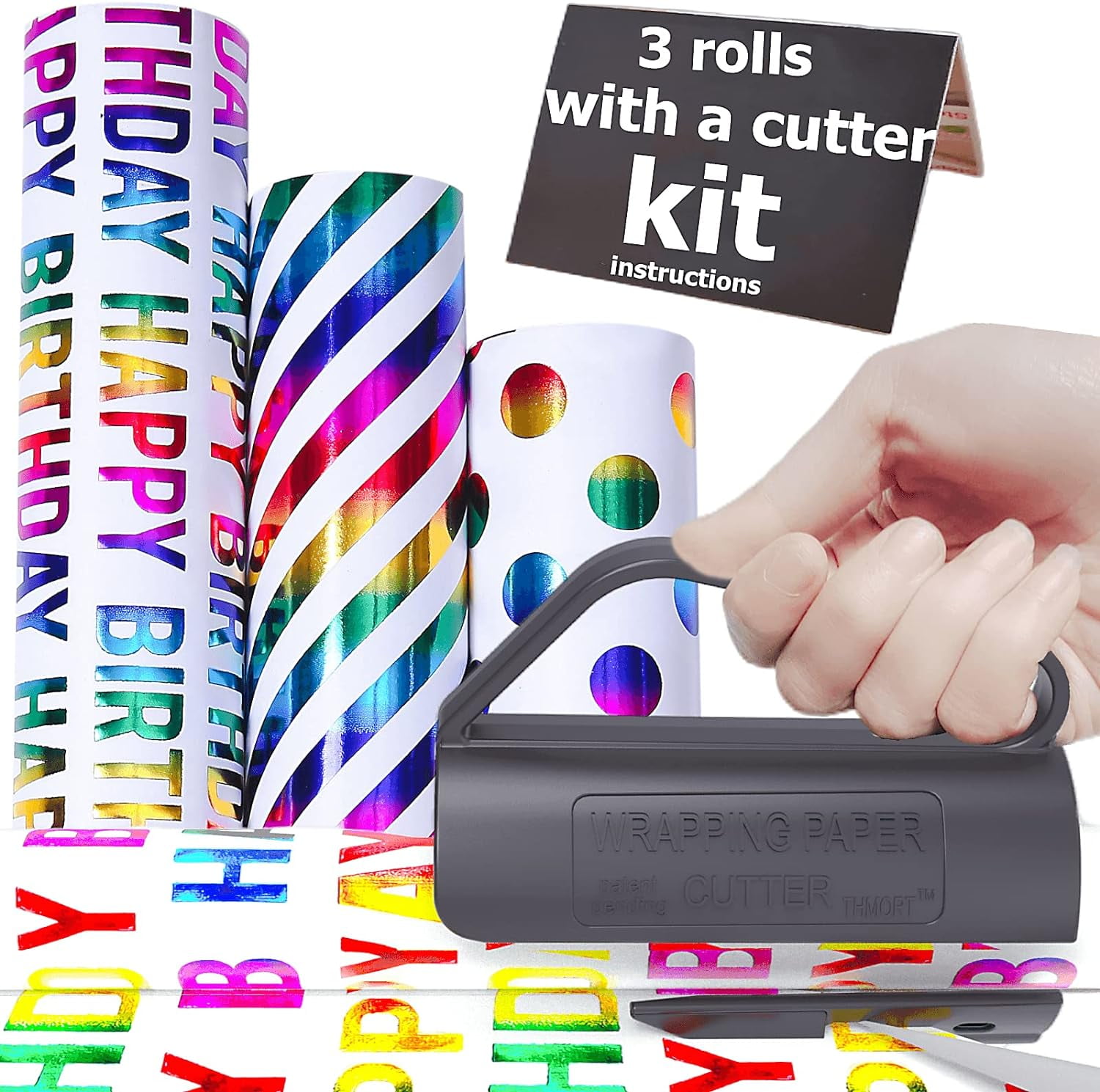 THMORT Birthday Wrapping Paper Roll with a Cutter Kit for Boys&Girls ...