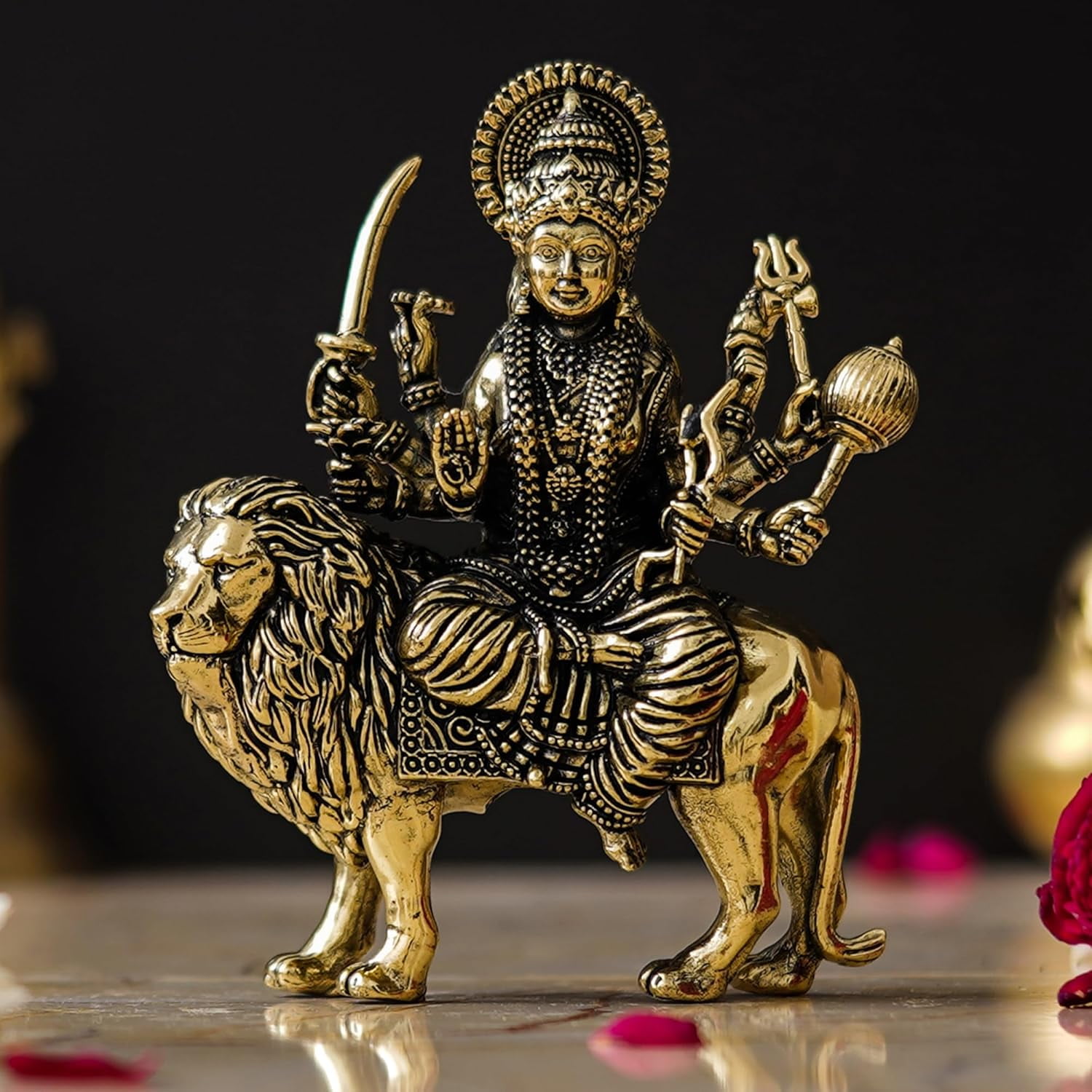 THOLIYA ARTS 5 Inch Brass Maa Durga Idol Goddess Sherawali Maa Sitting On Lion Murti MATA Adi ...