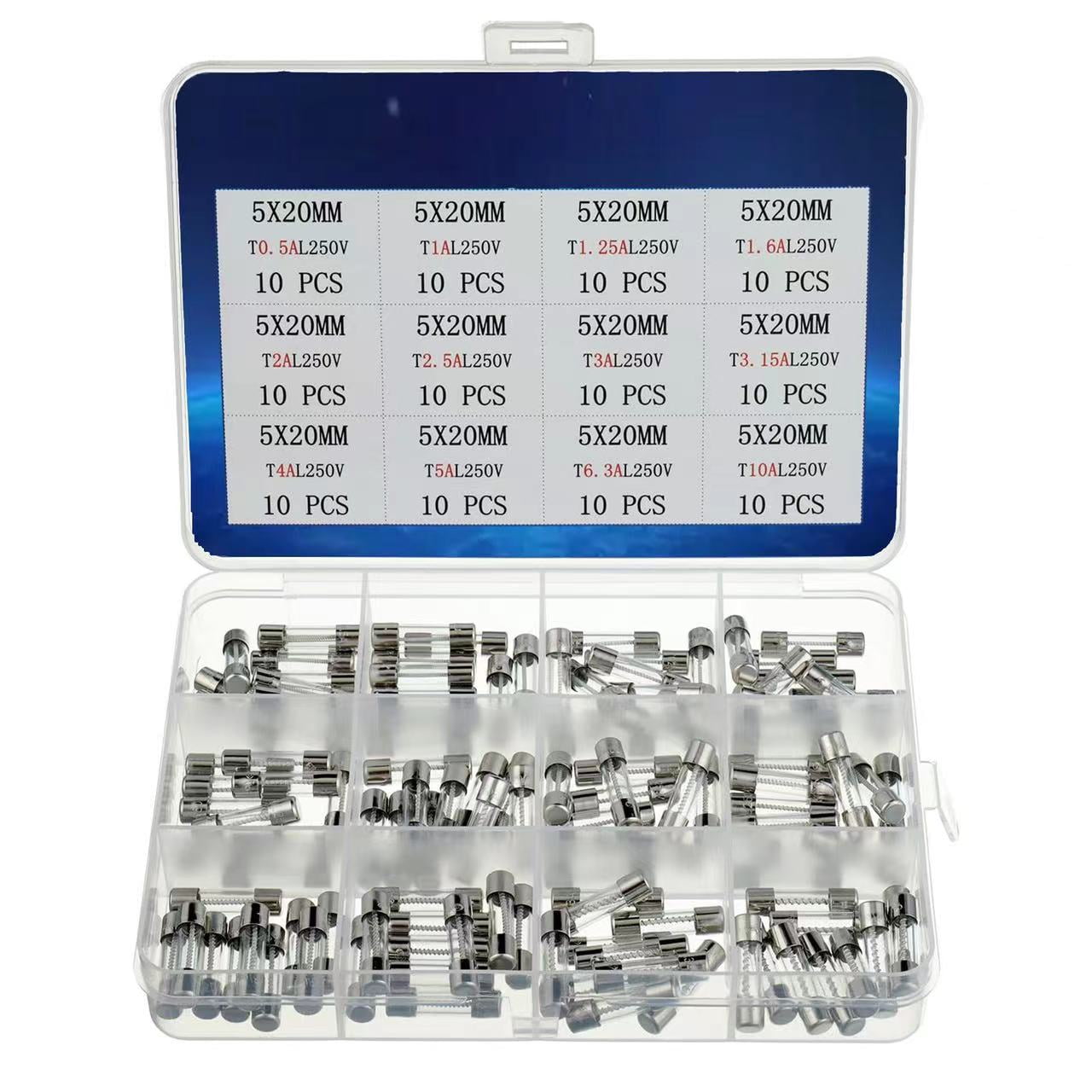 THONZER 12 Values 120 pcs Slow Blow Glass Fuses Assortment Kit 5x20mm 250V T0.5A 1A 1.25A 1.6A ...