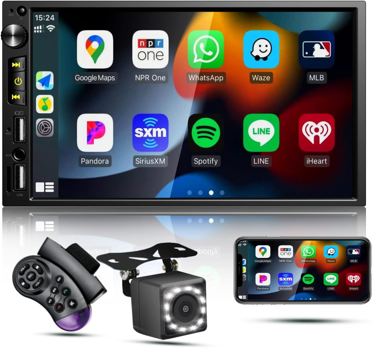 THONZER Double Din Car Stereo, Carplay, 7‘’ 1024 * 600 Touch Screen, GPS Navigation, Bluetooth ...