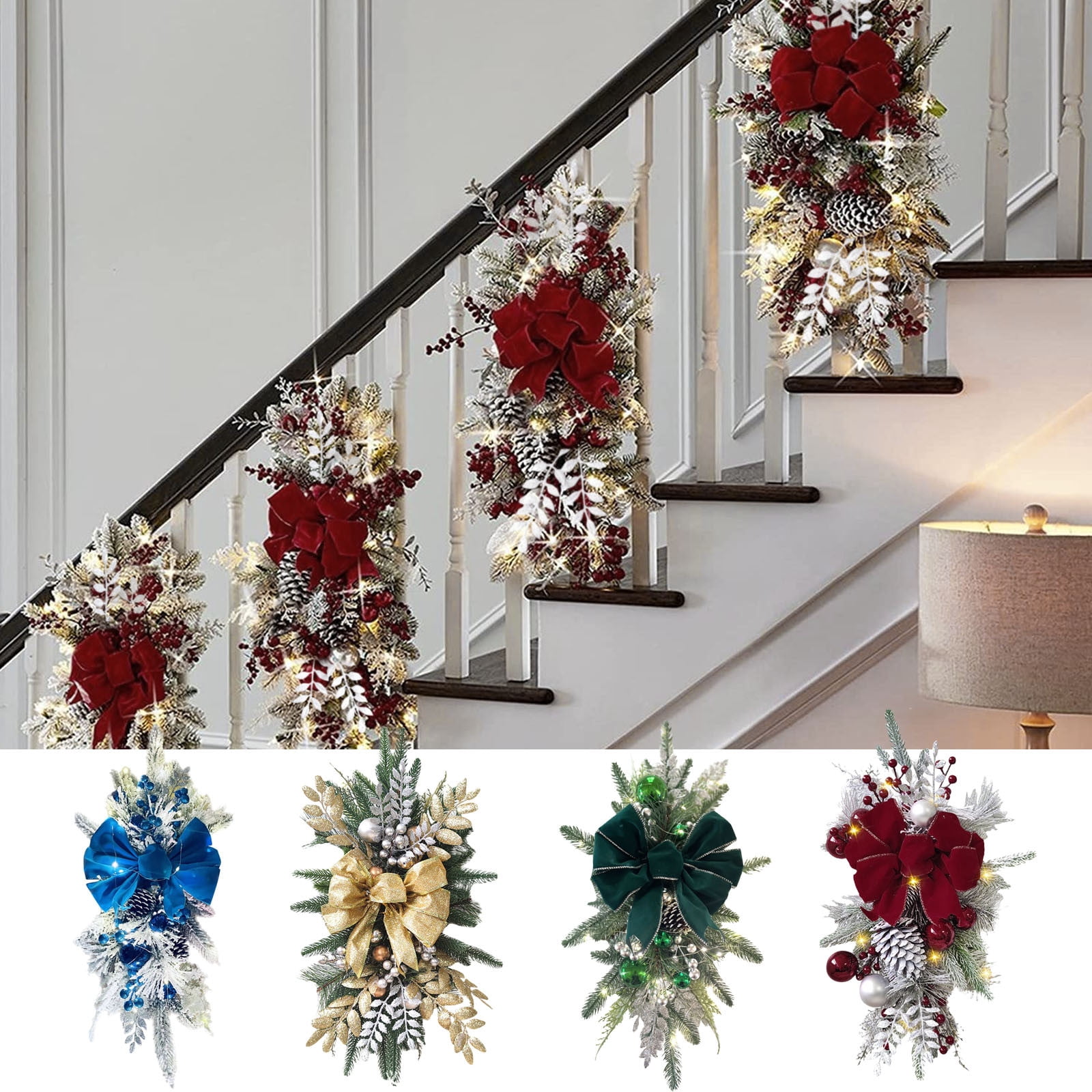 SYDZL Christmas Wreaths 2025 LED Lighted Stairway Garland 24x12in, Pre ...
