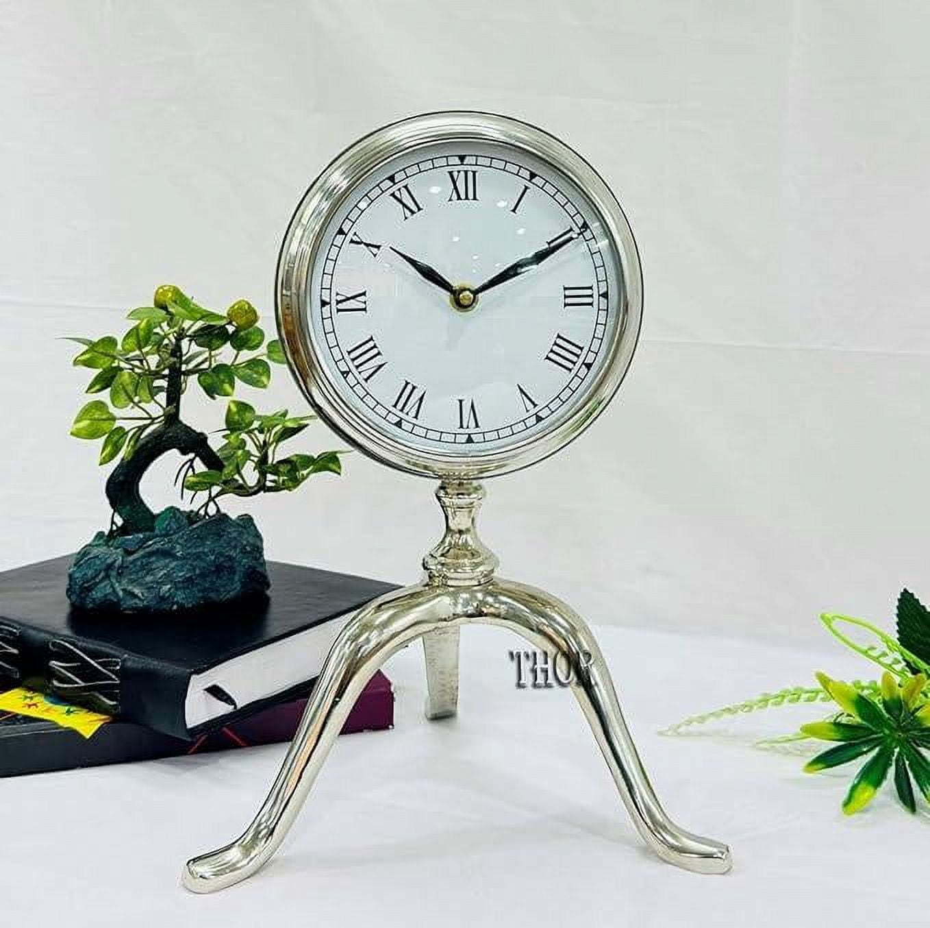 THOR INSTRUMENTS Silver Maritime Nautical Style Desk Stand Analog Clock ...