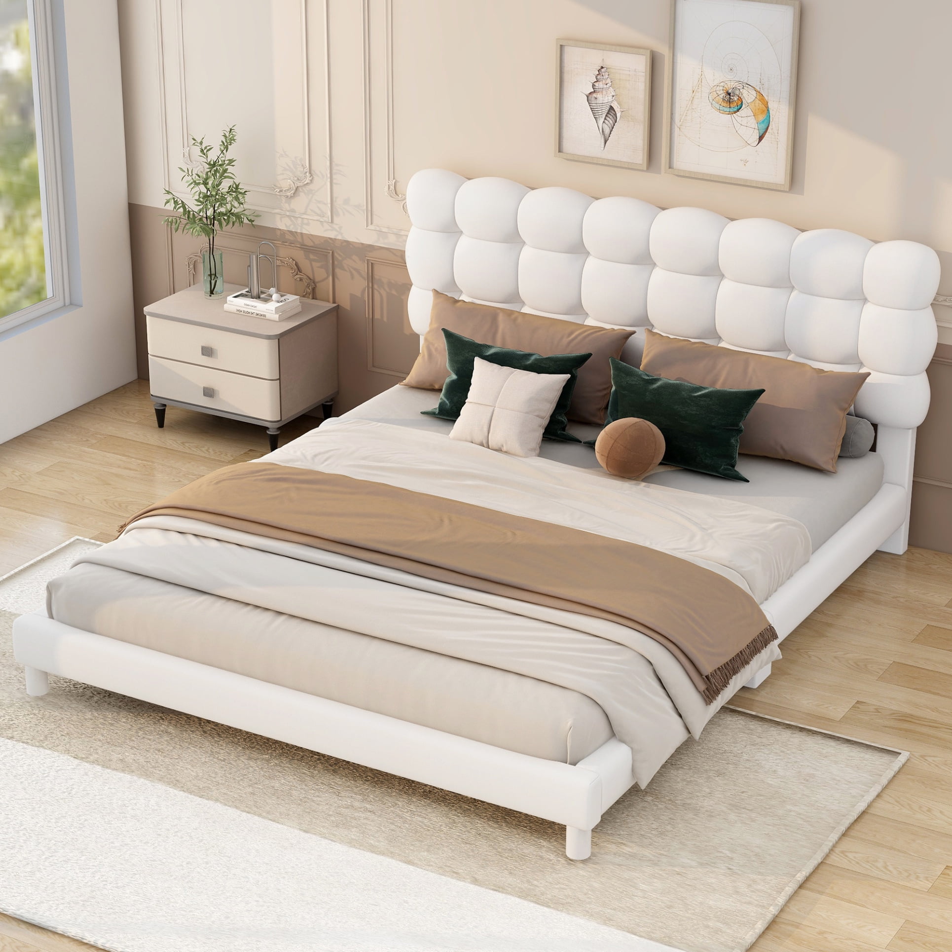 THOWDEE Full Size Upholstered Low Platform Bed, Modern Wood Bed Frame ...