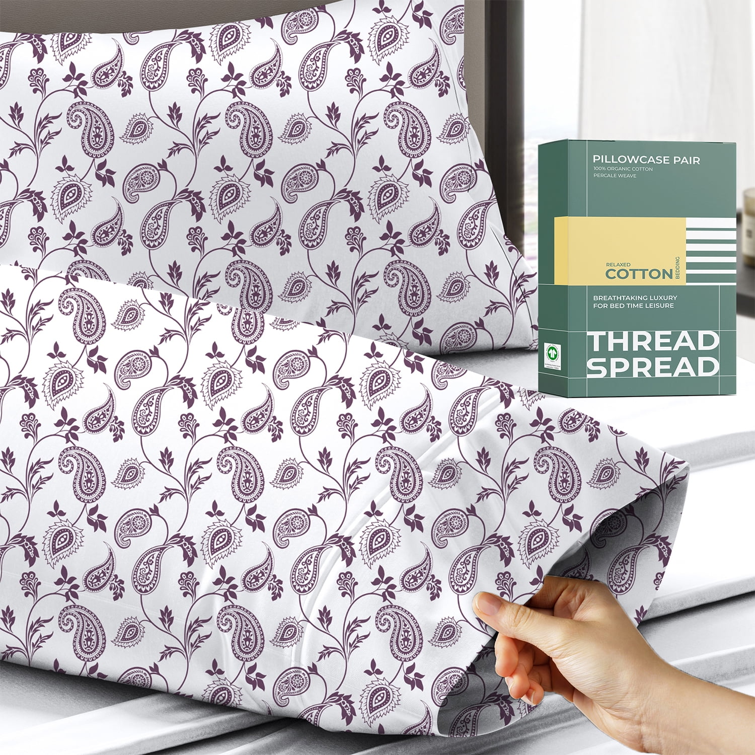 THREAD SPREAD 100% Cotton Printed Percale Pillowcases King Size Set of 2 - Soft, Breathable ...