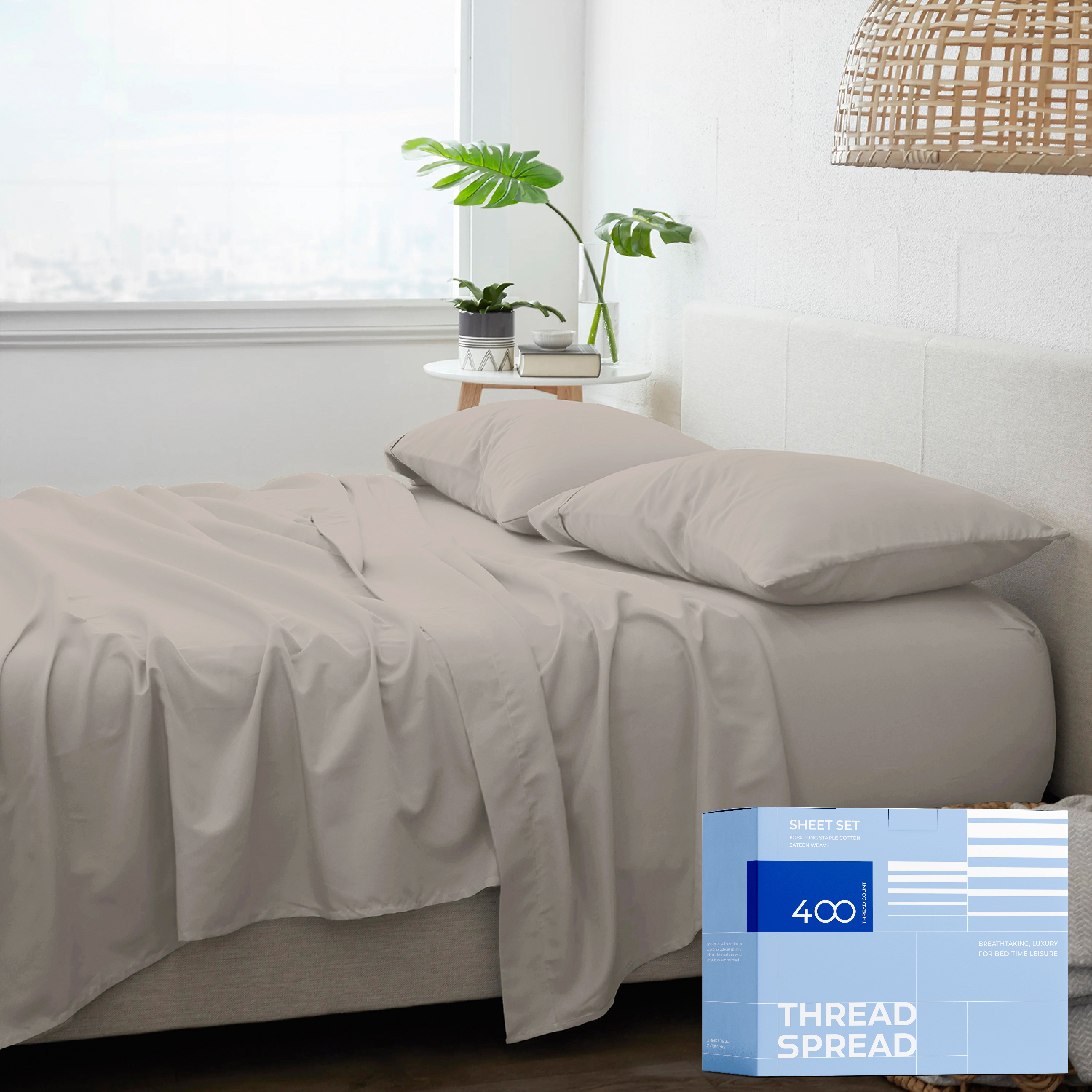 THREAD SPREAD 100% Cotton Queen Bed Sheets Set, 400 Thread Count Sateen ...