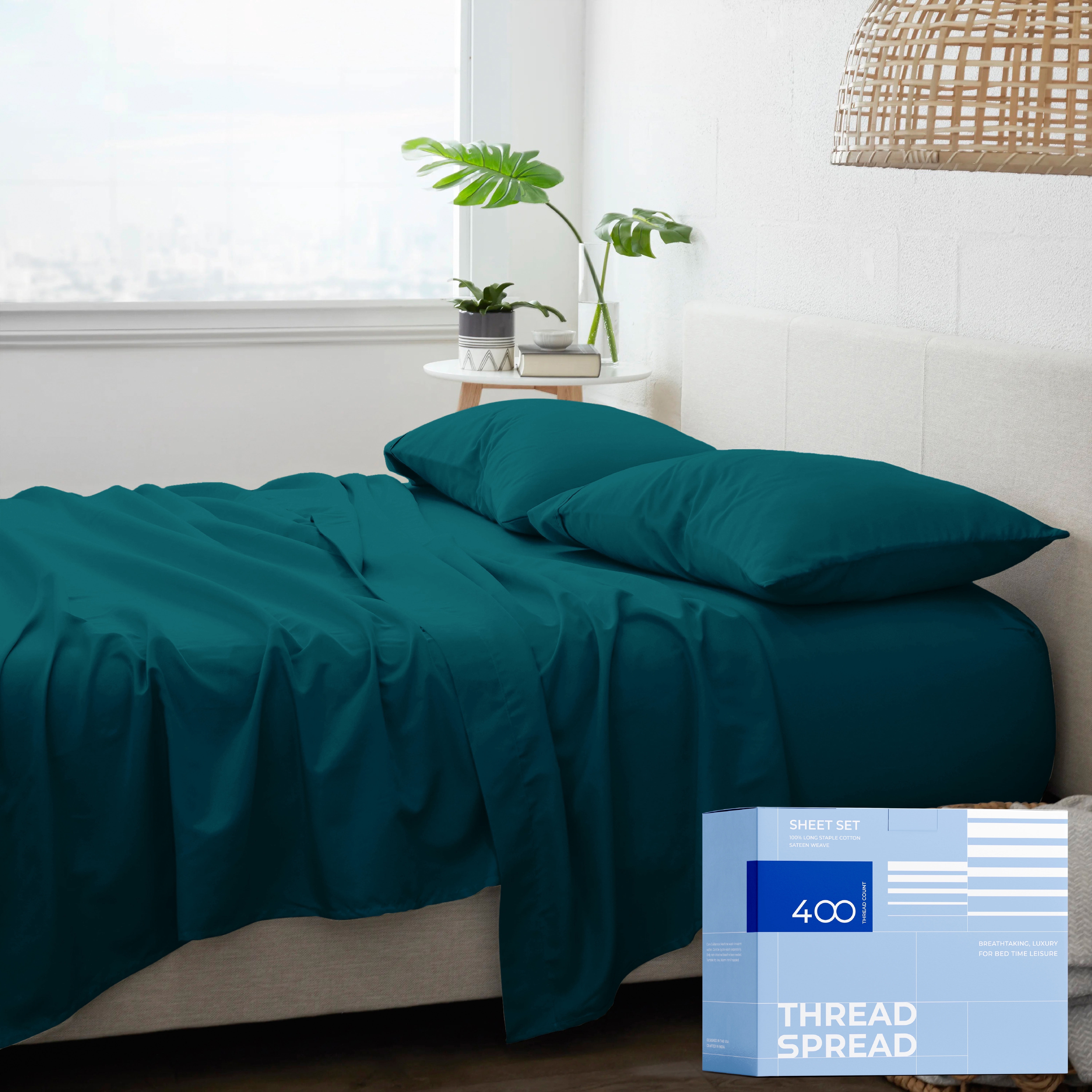 "Thread Spread 100% Cotton Queen Sheets, 400 Thread Count, Teal, Soft ...