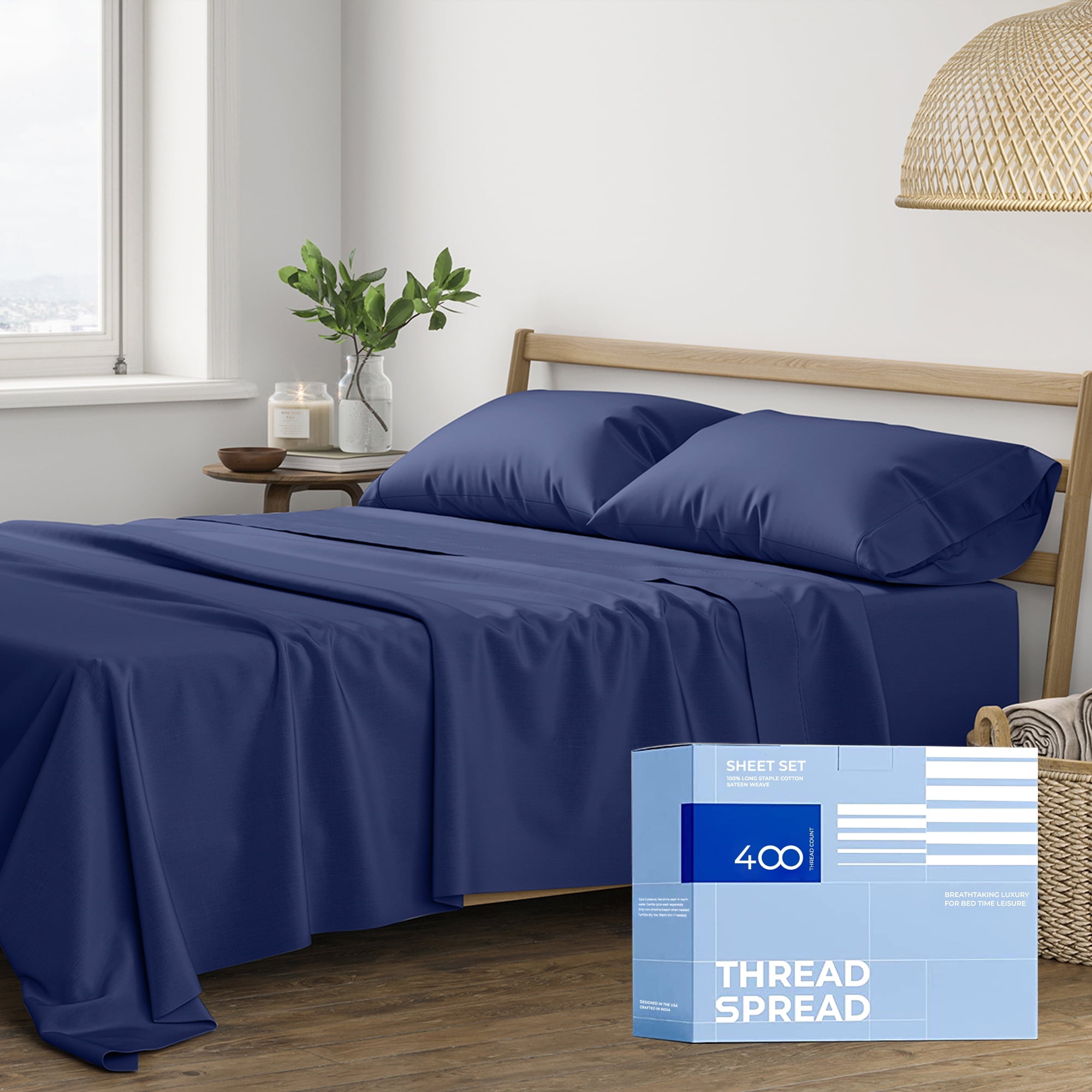 THREAD SPREAD Queen Size 100% Cotton Sheets, Navy Blue, 400 Thread ...