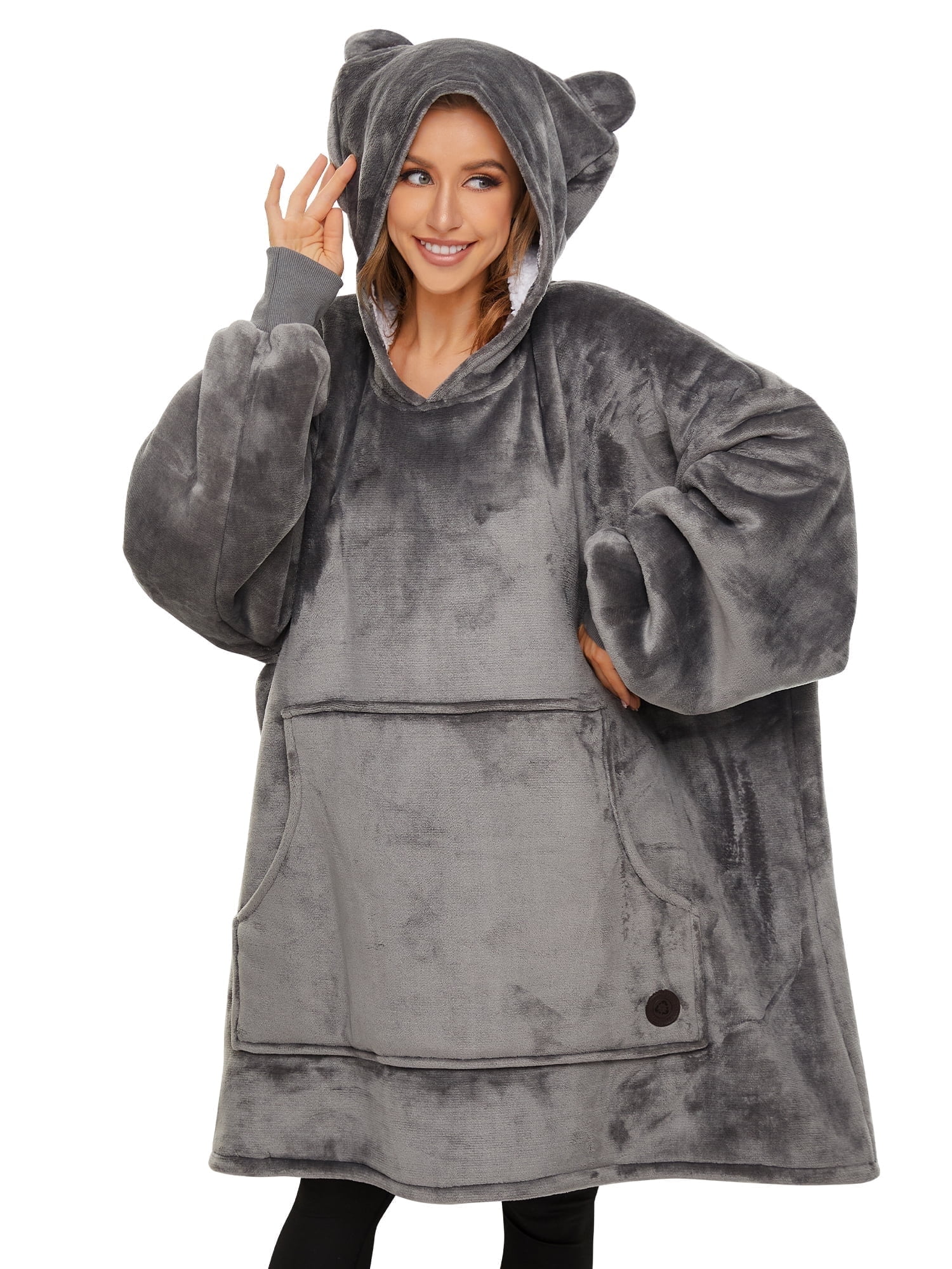 THREE POODLE Gray Oversized Sherpa Cozy Warm Soft Fuzzy Blanket Hoodie ...