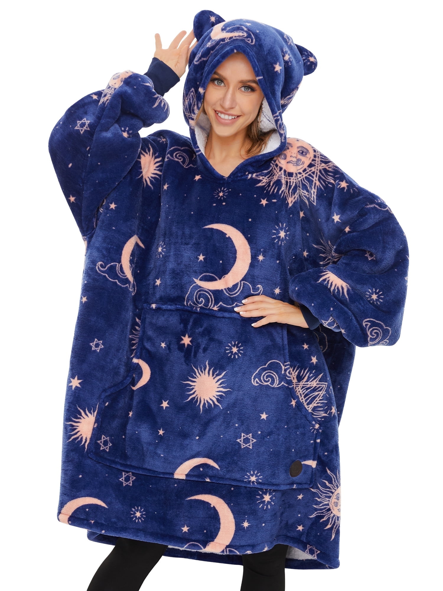 THREE POODLE Sun Moon Star Comfort Fit Oversized Sherpa Hooded Blanket ...
