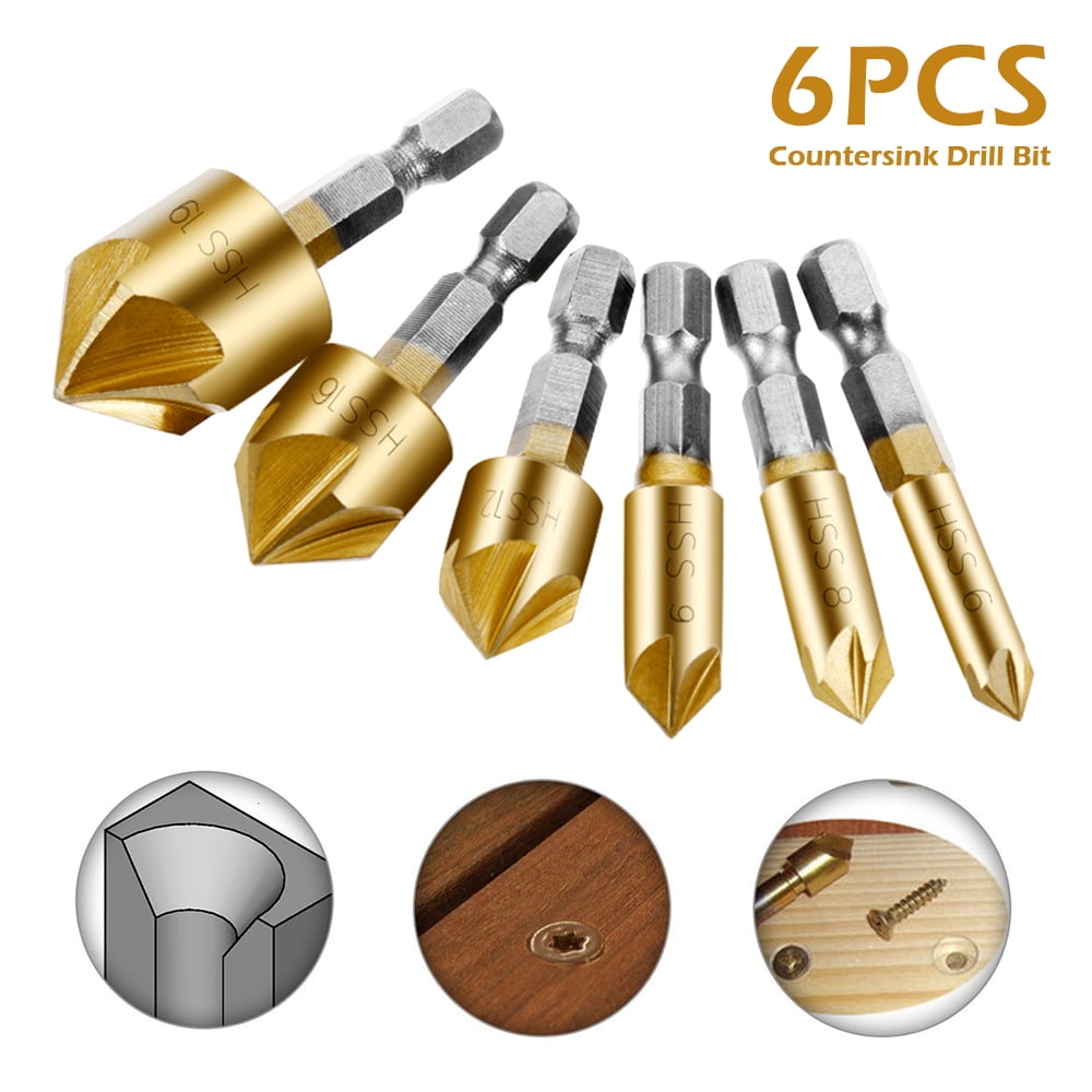 Pluokvzr 6 PCS Drill Bit Wood Countersink Drill Bit Set, 5 Flute 90° 1/ ...
