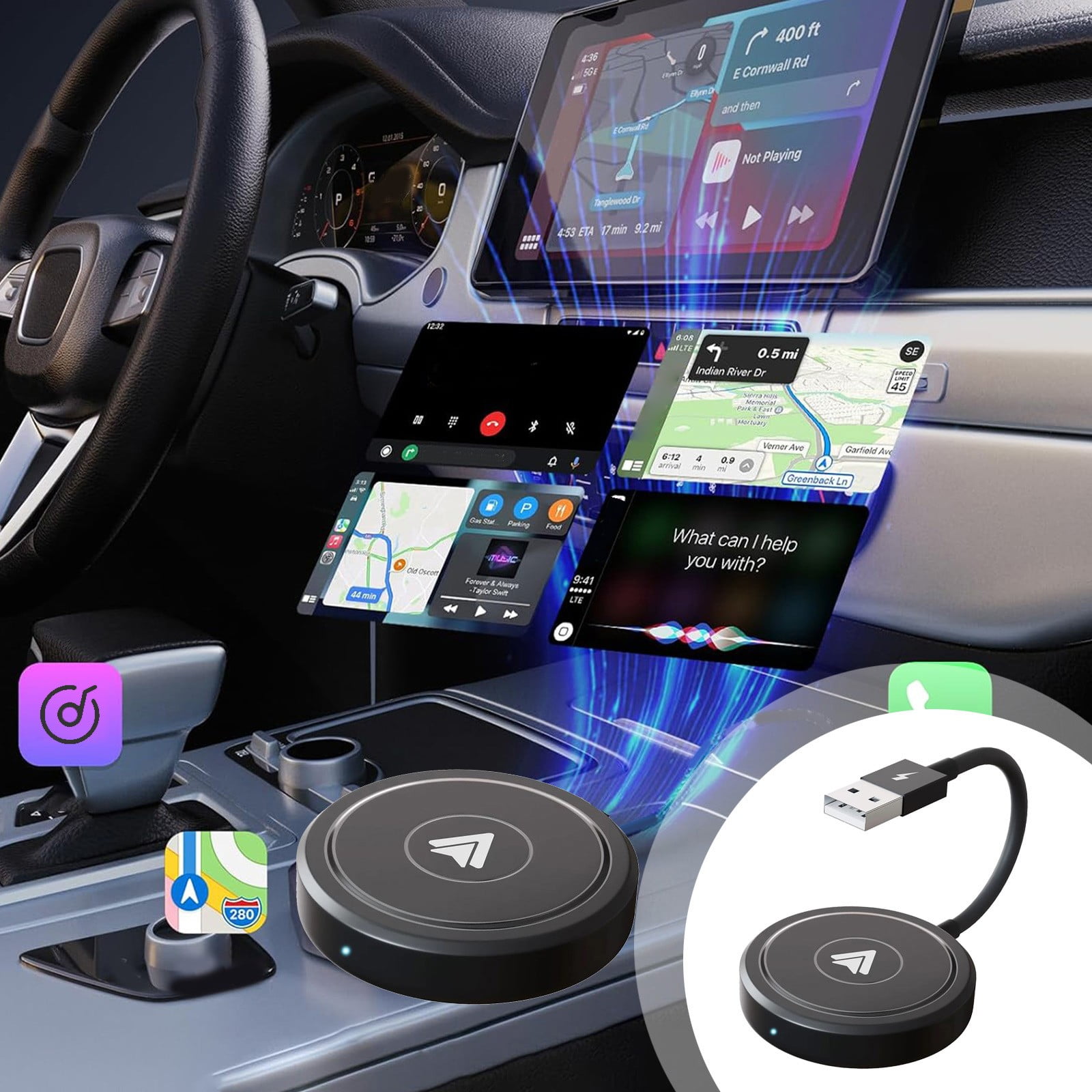 THT Android Auto Wireless Adapter - Round Black Car Play Box, Wired to ...